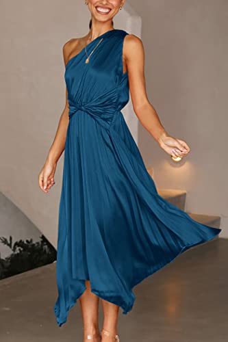 PRETTYGARDEN Women's Summer Long Satin Dress One Shoulder Sleeveless Ruched Twist Flowy Maxi Dresses (Lake Blue,Small)
