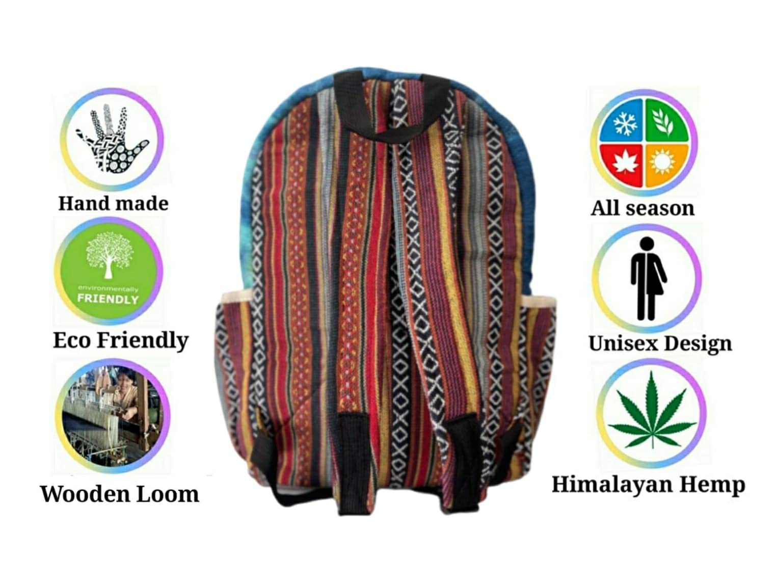 Zillion Craft himalayan hemp back pack. Hand made Bohemian style large size back pack for school , college. Multi pocket laptop back pack.