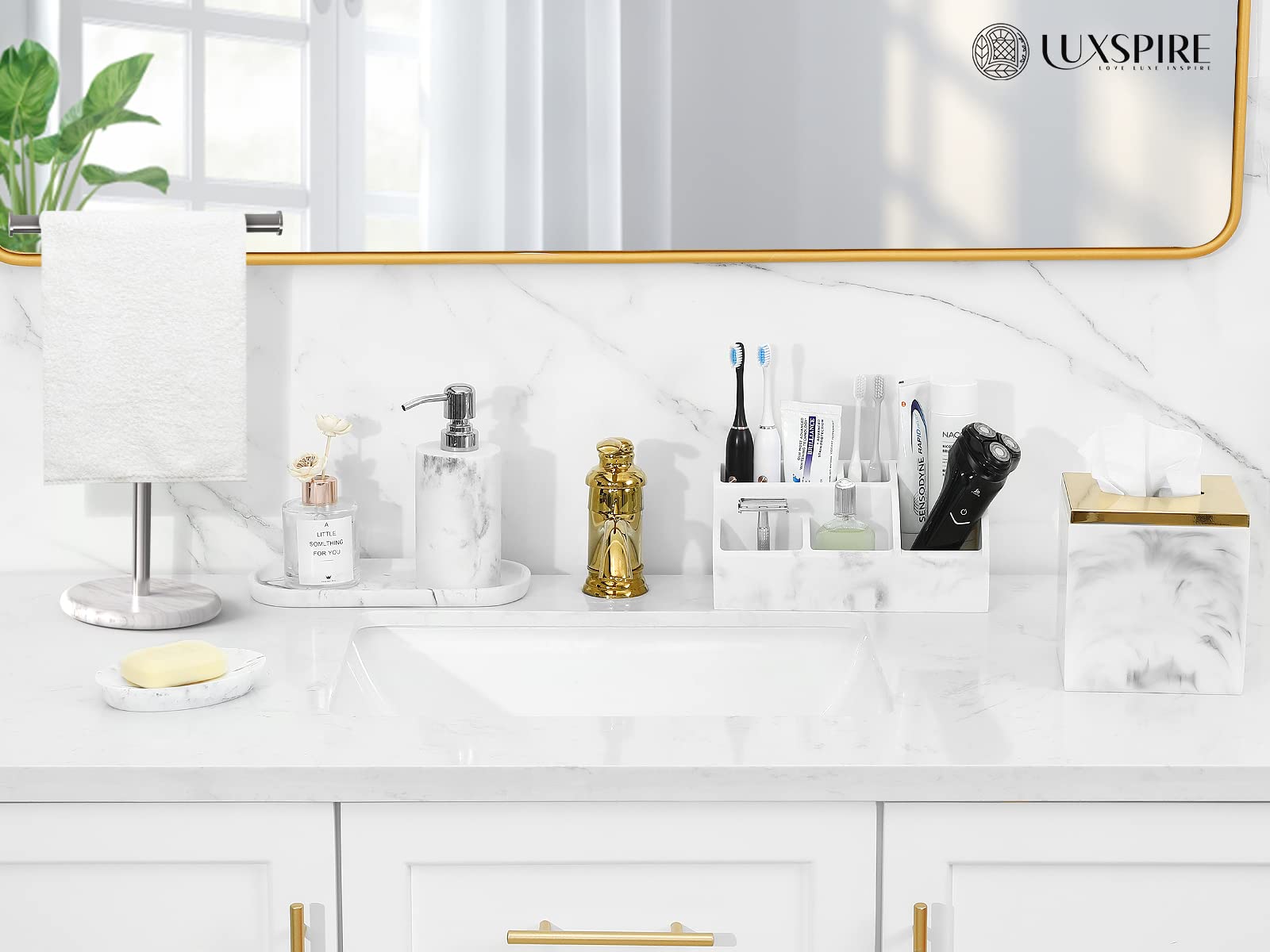 Luxspire Bathroom Counter Organizer, 5 Slot Toothbrush Holder, Marble Bathroom Accessories, Gravel White