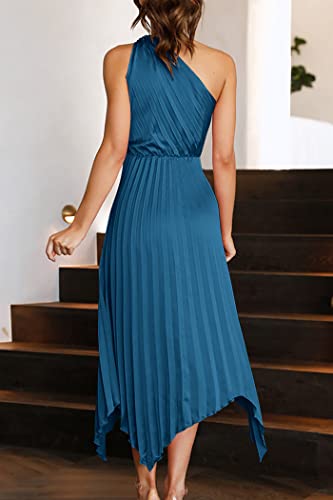 PRETTYGARDEN Women's Summer Long Satin Dress One Shoulder Sleeveless Ruched Twist Flowy Maxi Dresses (Lake Blue,Small)