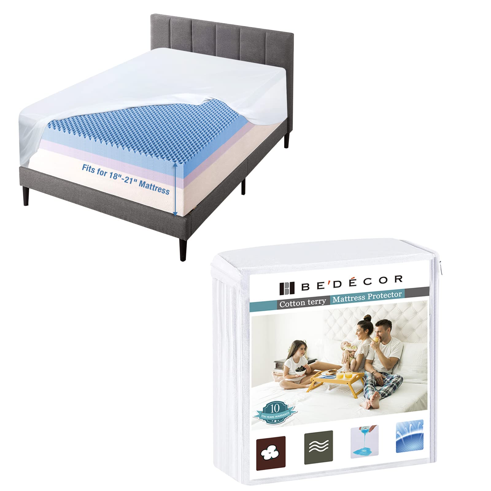 Full XL Fitted Sheet and Full XL Mattress Protector Waterproof, Fitted Bed Sheet for PillowTop Thick Mattress 21" Extra Deep Pocket White, Cotton Terry Mattress Cover Noiseless Kids Pee Bed 18"
