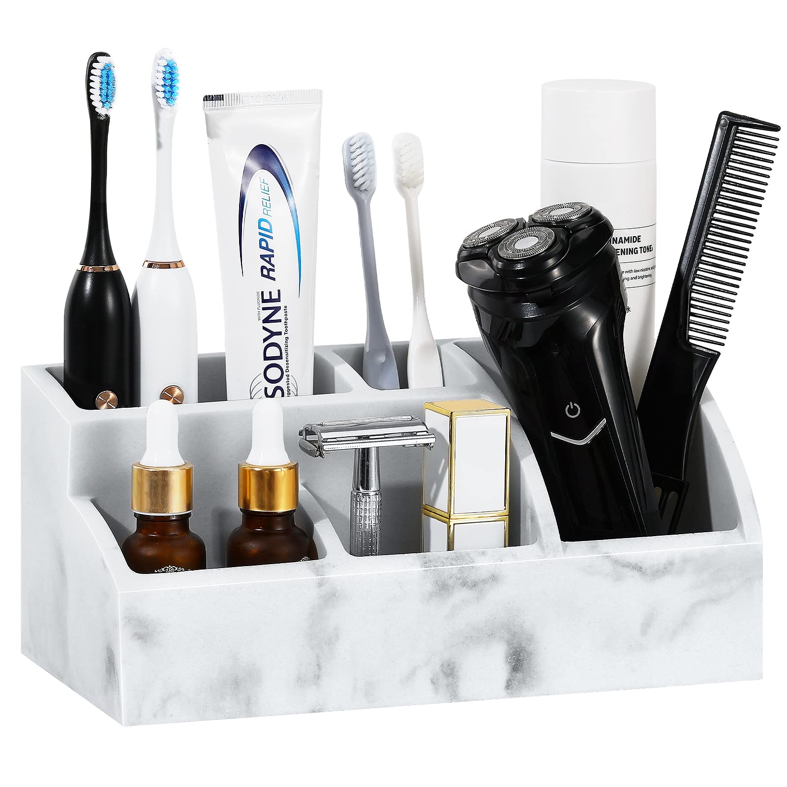 Luxspire Bathroom Counter Organizer, 5 Slot Toothbrush Holder, Marble Bathroom Accessories, Gravel White