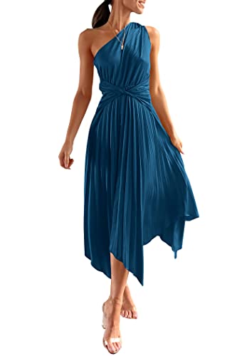 PRETTYGARDEN Women's Summer Long Satin Dress One Shoulder Sleeveless Ruched Twist Flowy Maxi Dresses (Lake Blue,Small)