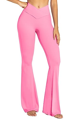 Sunzel Flare Leggings, Crossover Yoga Pants with Tummy Control, High Waisted and Wide Leg, No Front Seam Bubblegum Pink Medium 30" Inseam