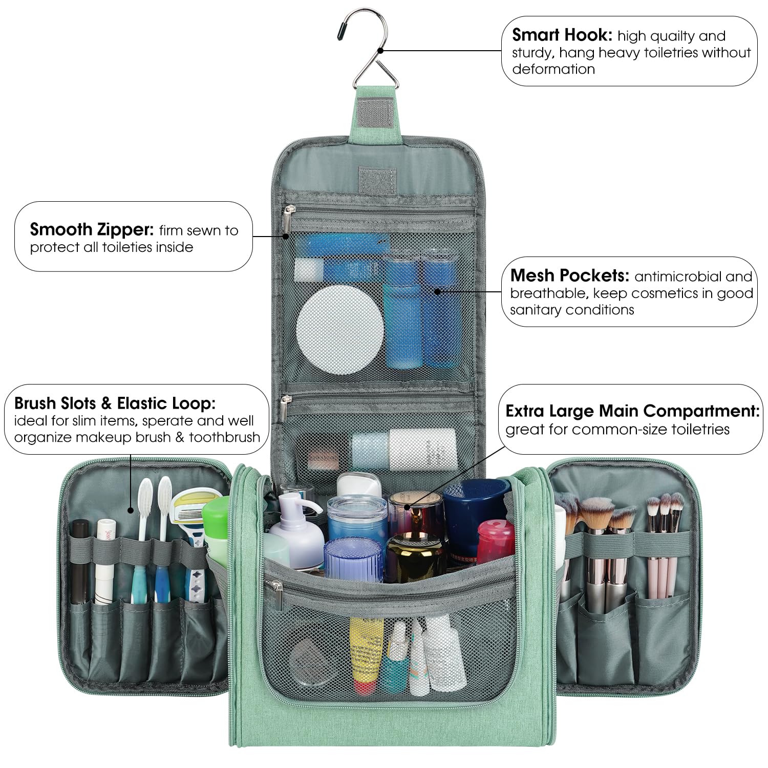 WANDF Large Hanging Toiletry Bag Travel Cosmetic Makeup Organizer Water-Resistant Shower Bathroom Bag for Women and Men (Green)