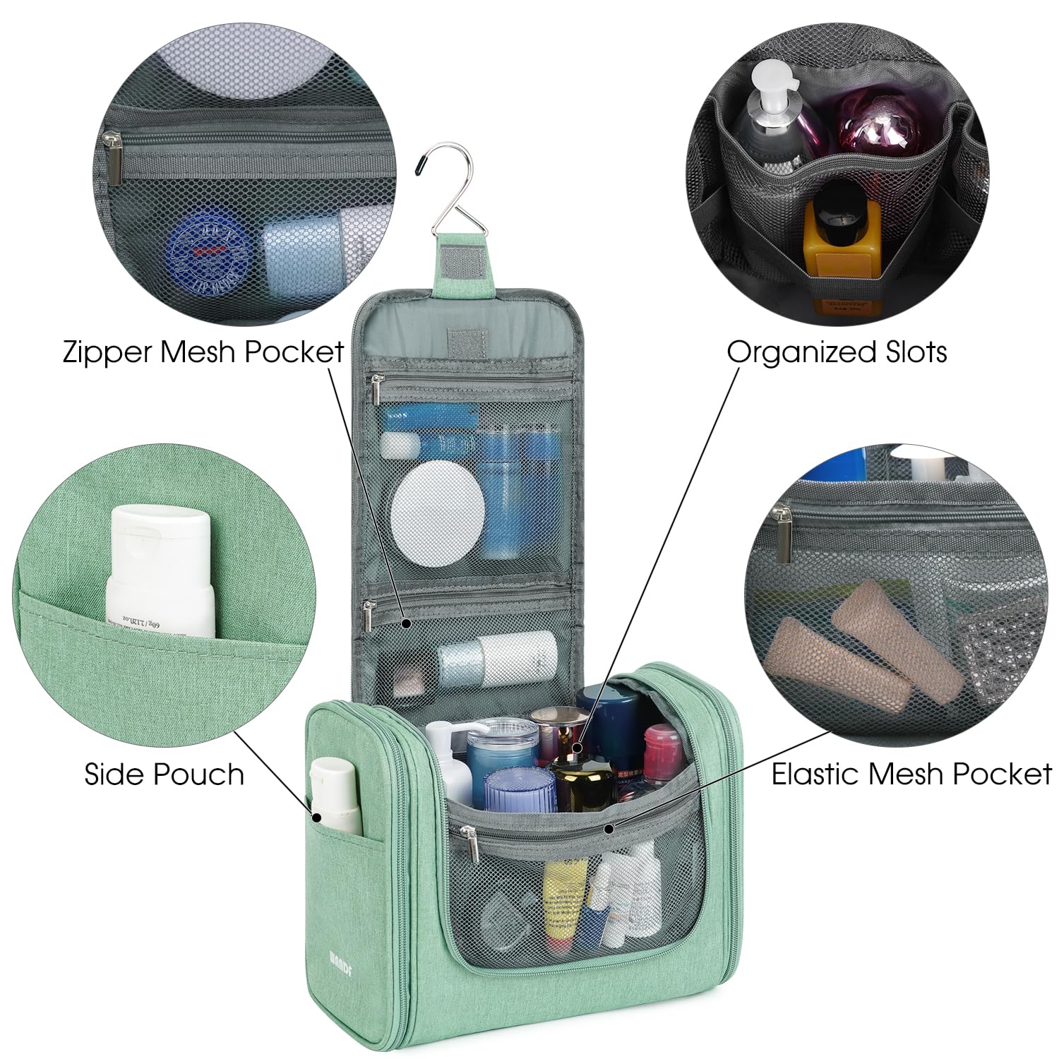 WANDF Large Hanging Toiletry Bag Travel Cosmetic Makeup Organizer Water-Resistant Shower Bathroom Bag for Women and Men (Green)