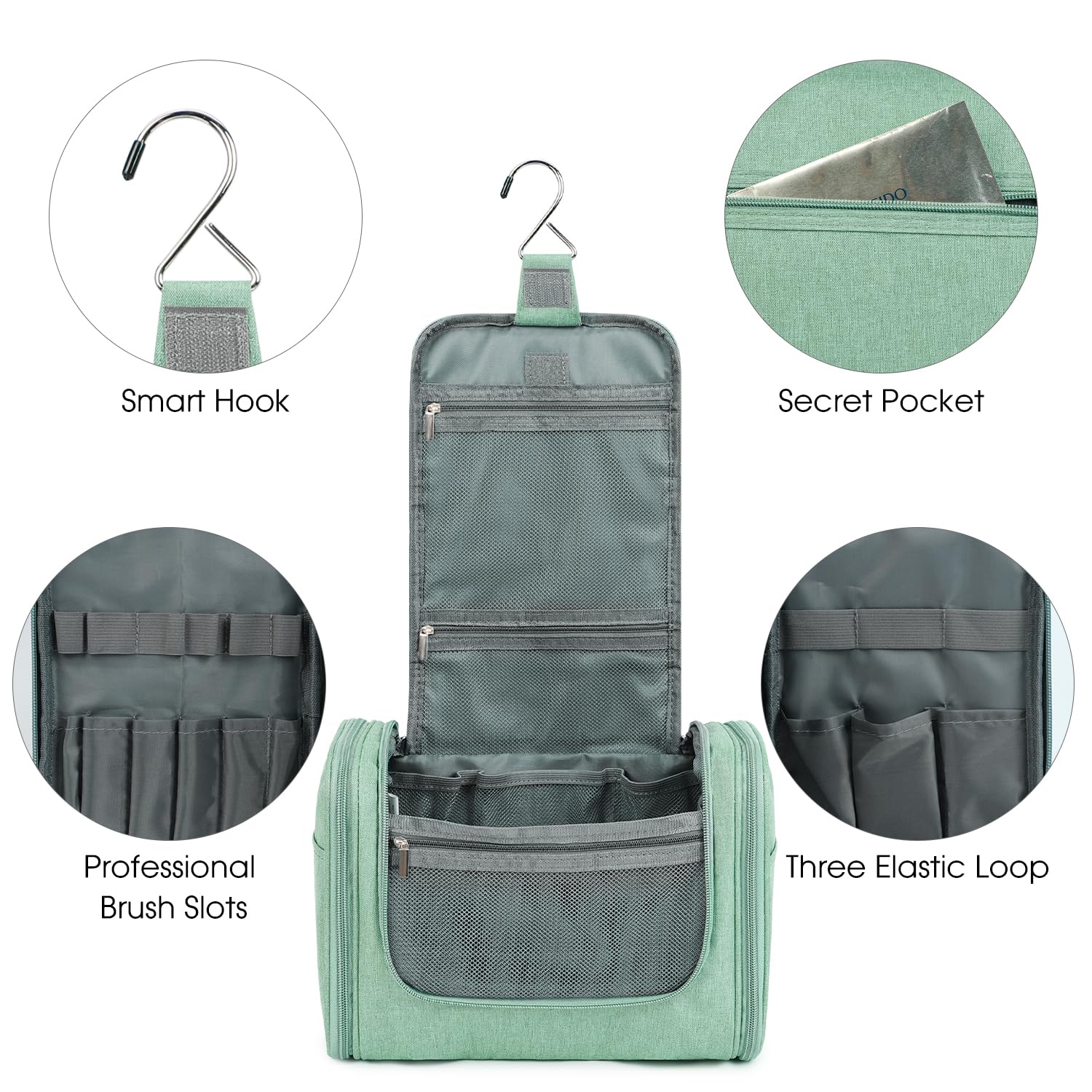 WANDF Large Hanging Toiletry Bag Travel Cosmetic Makeup Organizer Water-Resistant Shower Bathroom Bag for Women and Men (Green)