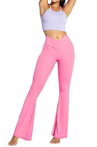 Sunzel Flare Leggings, Crossover Yoga Pants with Tummy Control, High Waisted and Wide Leg, No Front Seam Bubblegum Pink Medium 30" Inseam