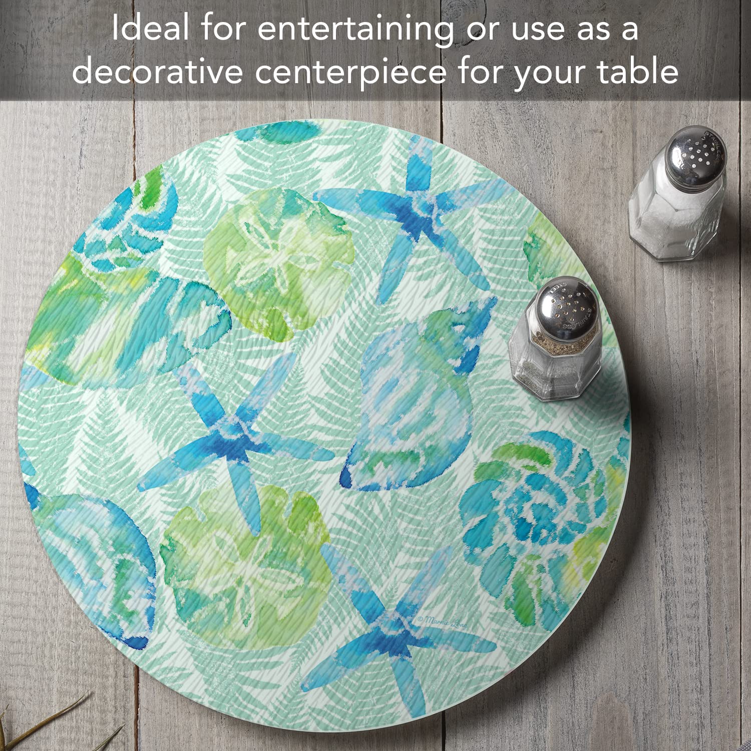 CounterArt Isla Mona Coastal 4mm Heat Tolerant Tempered Glass Lazy Susan Turntable 13" Diameter Cake Plate Condiment Caddy Pizza Server