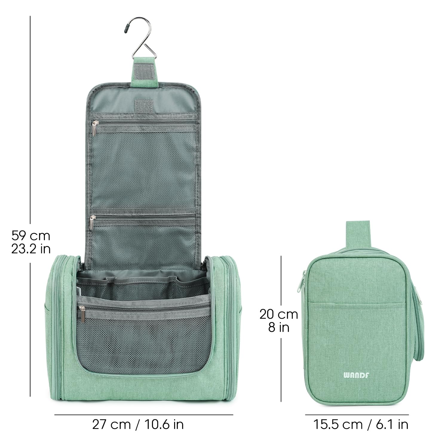 WANDF Large Hanging Toiletry Bag Travel Cosmetic Makeup Organizer Water-Resistant Shower Bathroom Bag for Women and Men (Green)