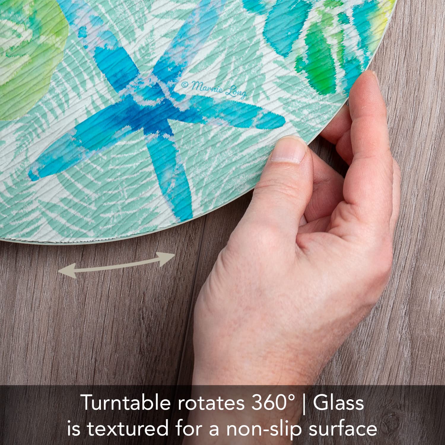 CounterArt Isla Mona Coastal 4mm Heat Tolerant Tempered Glass Lazy Susan Turntable 13" Diameter Cake Plate Condiment Caddy Pizza Server