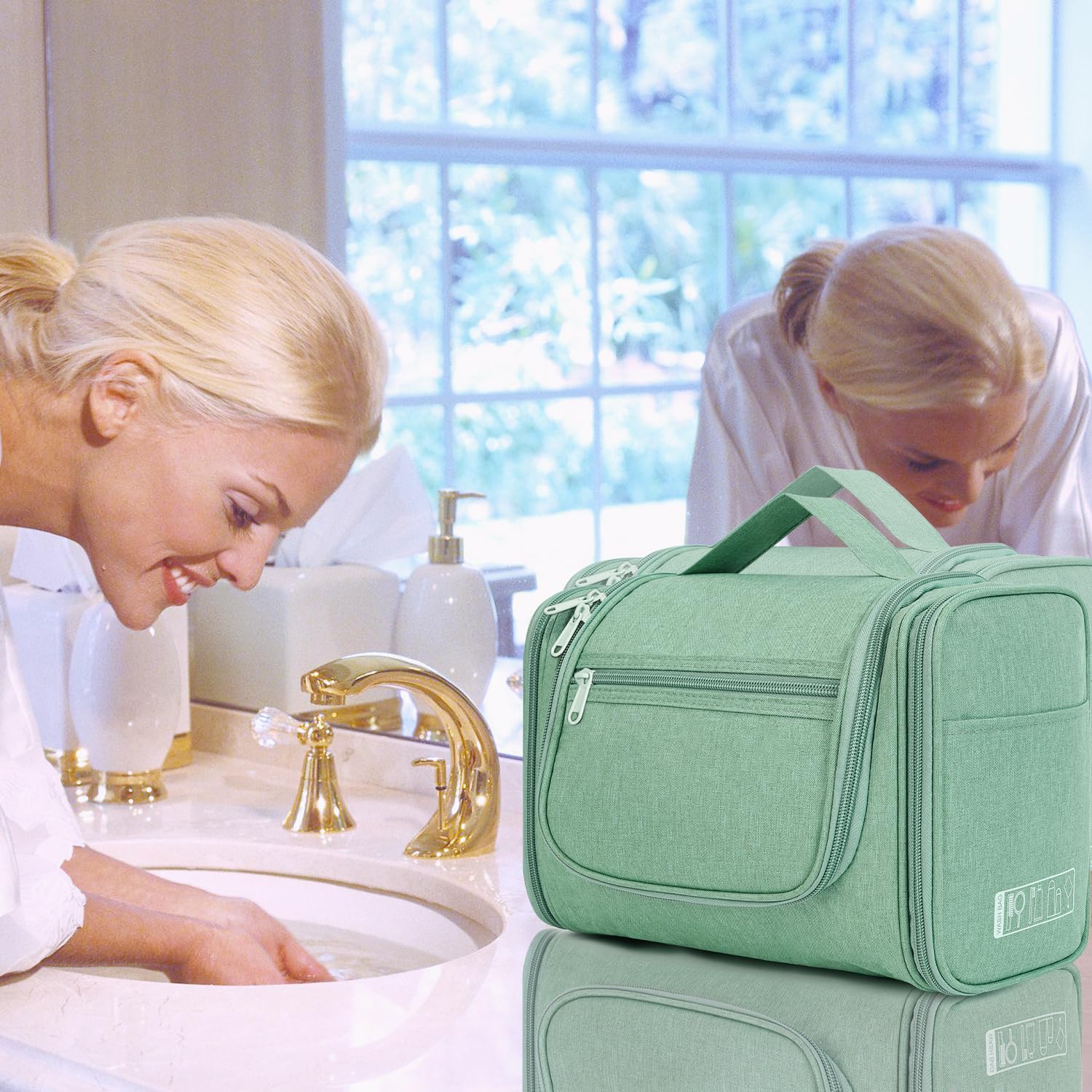 WANDF Large Hanging Toiletry Bag Travel Cosmetic Makeup Organizer Water-Resistant Shower Bathroom Bag for Women and Men (Green)