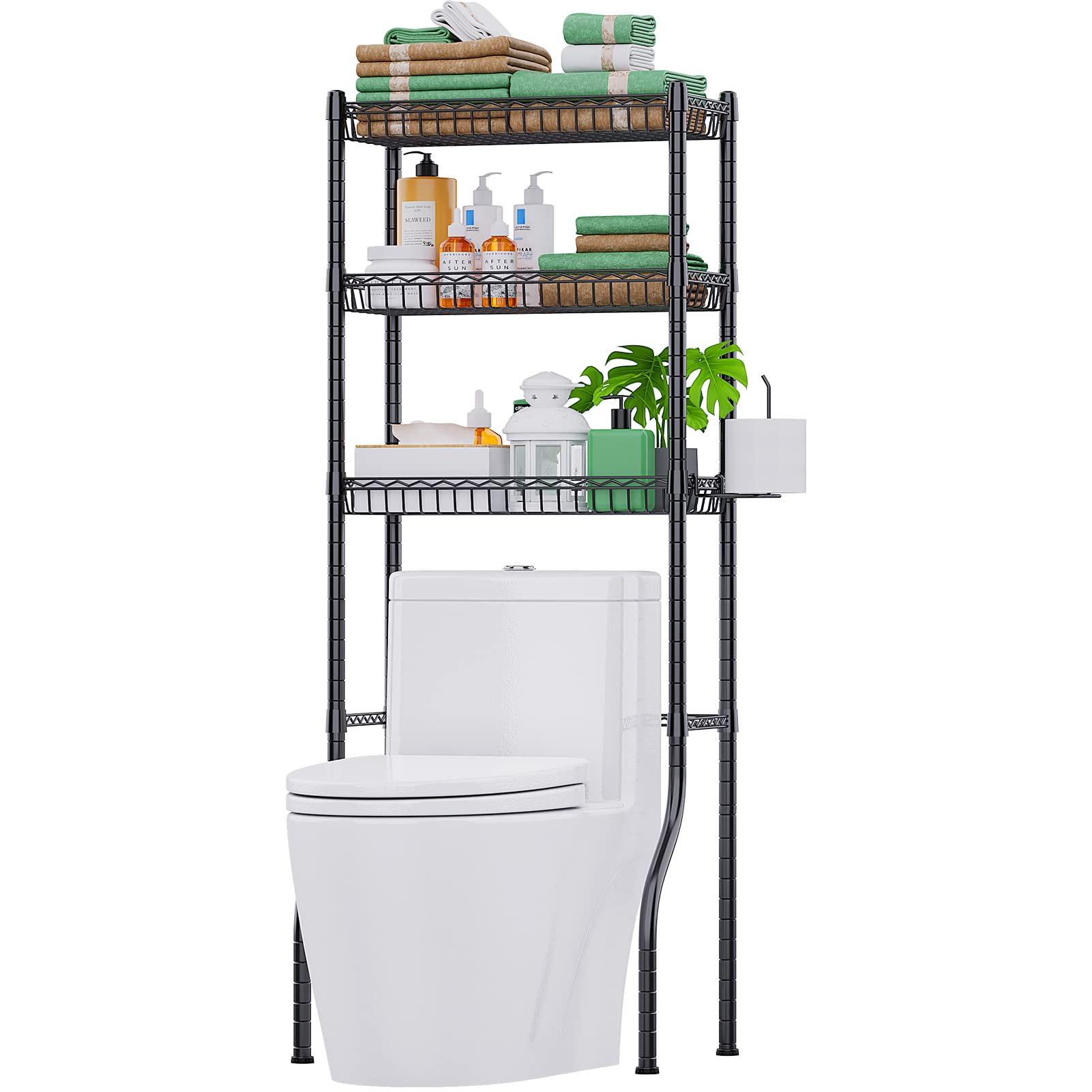 LEHOM Bathroom Organizer Over The Toilet Storage, 3-Tier Bathroom Shelves Over Toilet Shelf Above Toilet Storage Rack Freestanding Bathroom Space Saver with Adjustable Shelves and Baskets, Black