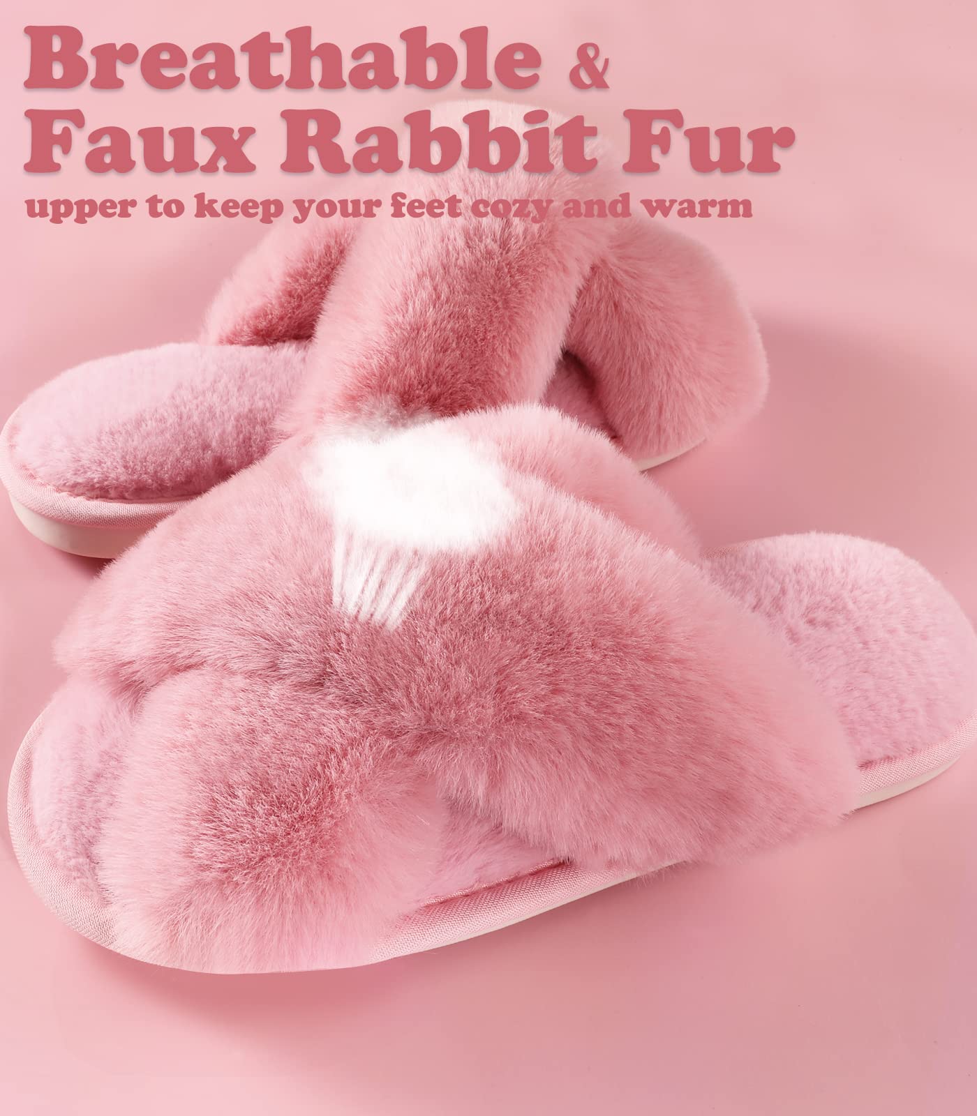 Women's Pink Fuzzy Plush Faux Fur Memory Foam Ankle Slippers - Breathable, Comfy House Indoor Slippers