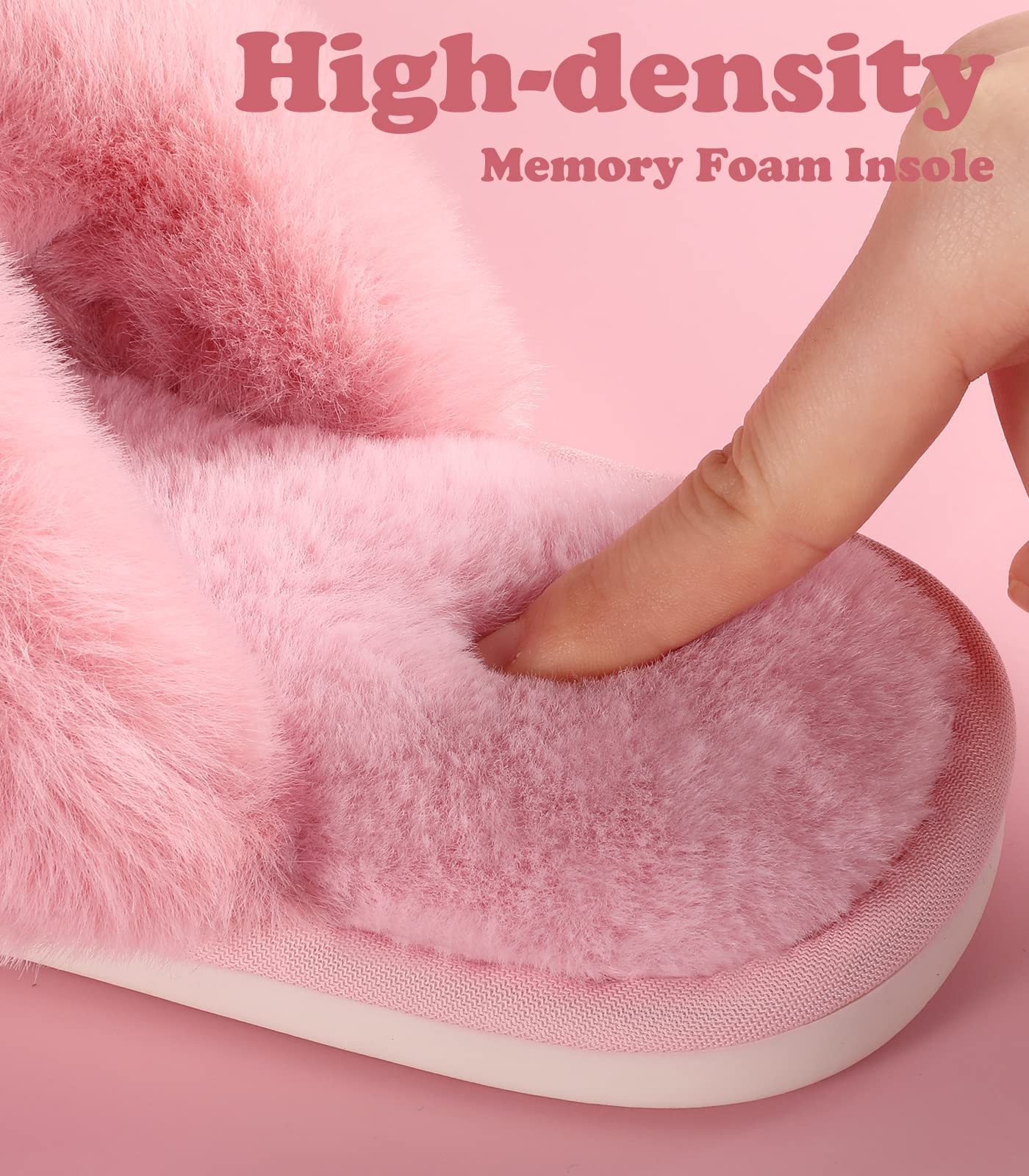 Women's Pink Fuzzy Plush Faux Fur Memory Foam Ankle Slippers - Breathable, Comfy House Indoor Slippers