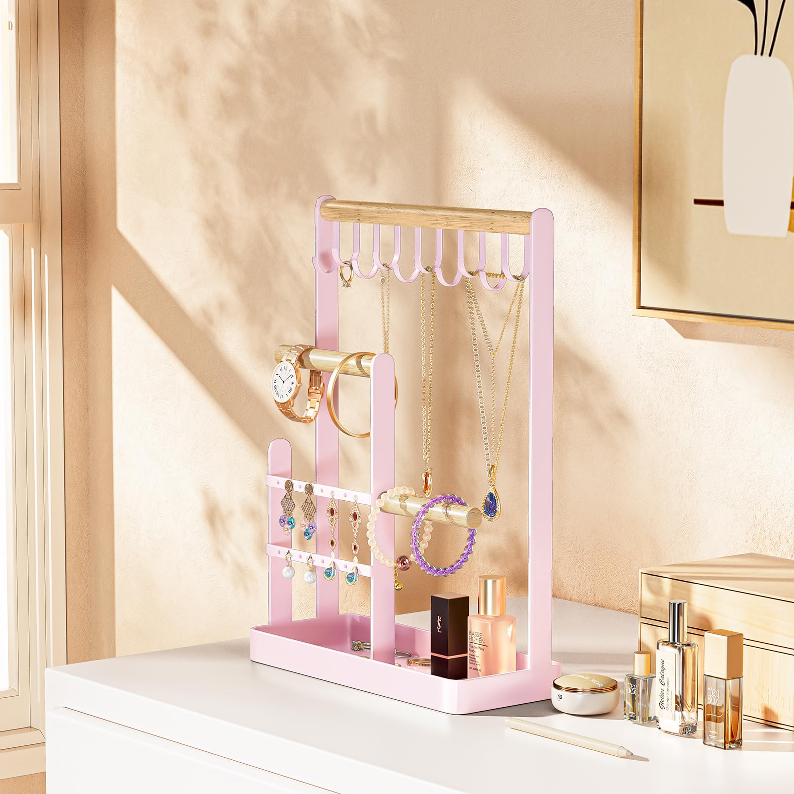 ProCase Jewelry Organizer Stand Holder, 4-Tier Necklace Organizer with Ring Tray, Small Cute Aesthetic Jewelry Tower Storage Rack Tree for Bracelets Earrings Rings - Pink