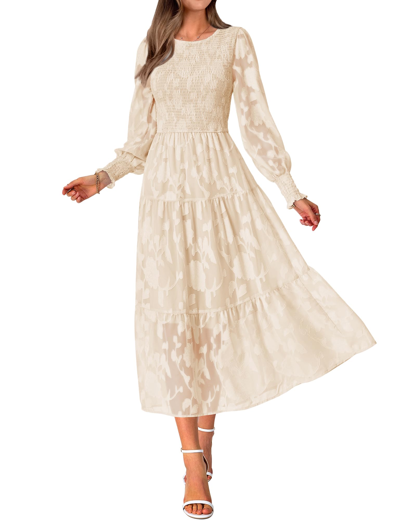BTFBM Casual Women's 2025 Fall Dresses Elegant Wedding Guest Dress Long Sleeve Floral Midi Dress Flowy Bohemian Long Dress(Apricot,Small)
