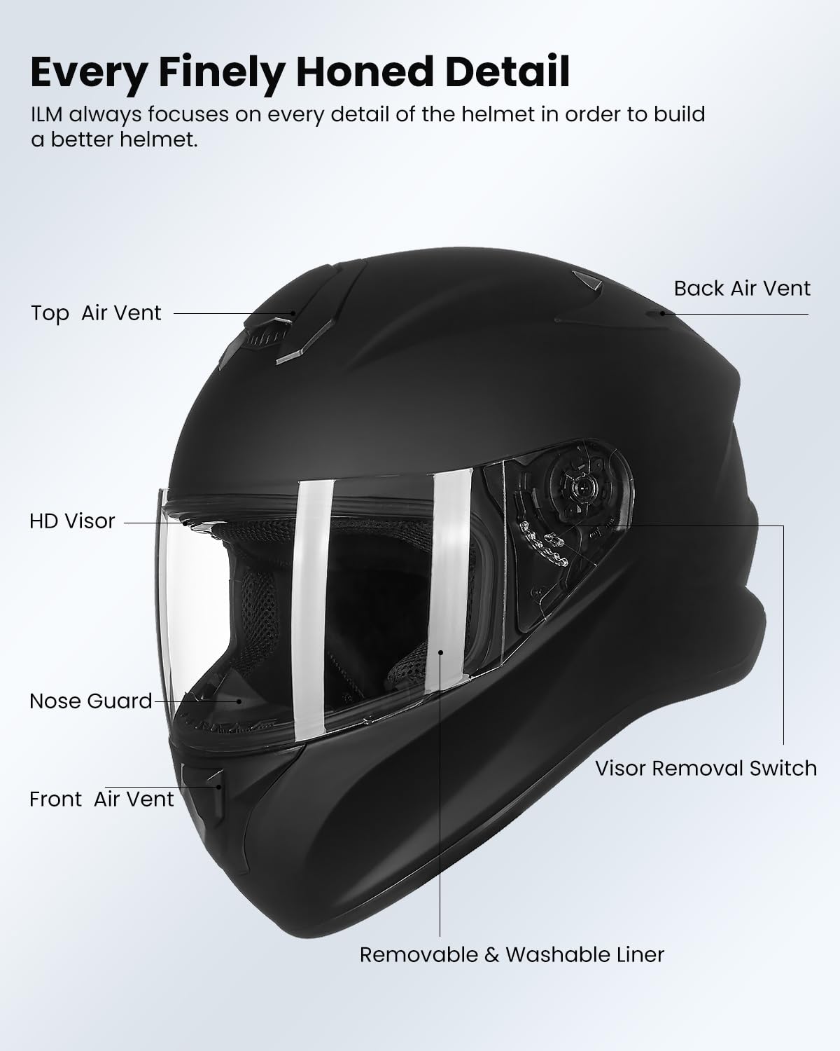 ILM Full Face Motorcycle Street Bike Helmet with Enlarged Air Vents, Free Replacement Visor for Men Women DOT Approved Model ST-06 (Matte Black, Large)