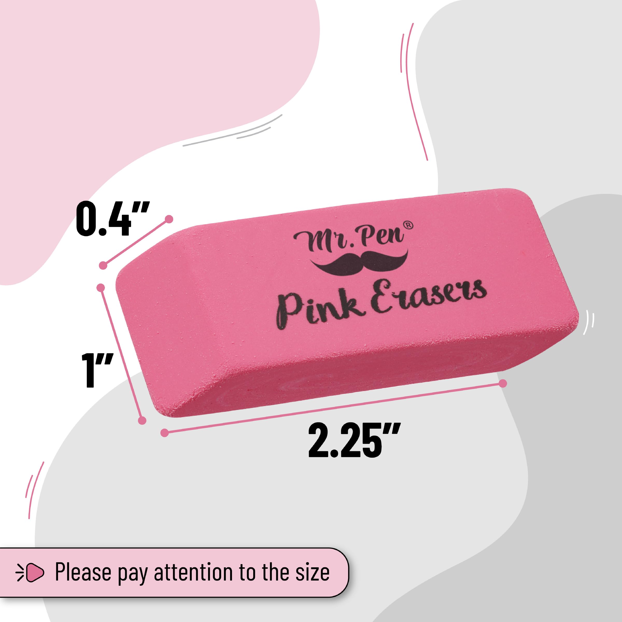 Mr. Pen Pink Pencil Erasers, Large, Pack of 12