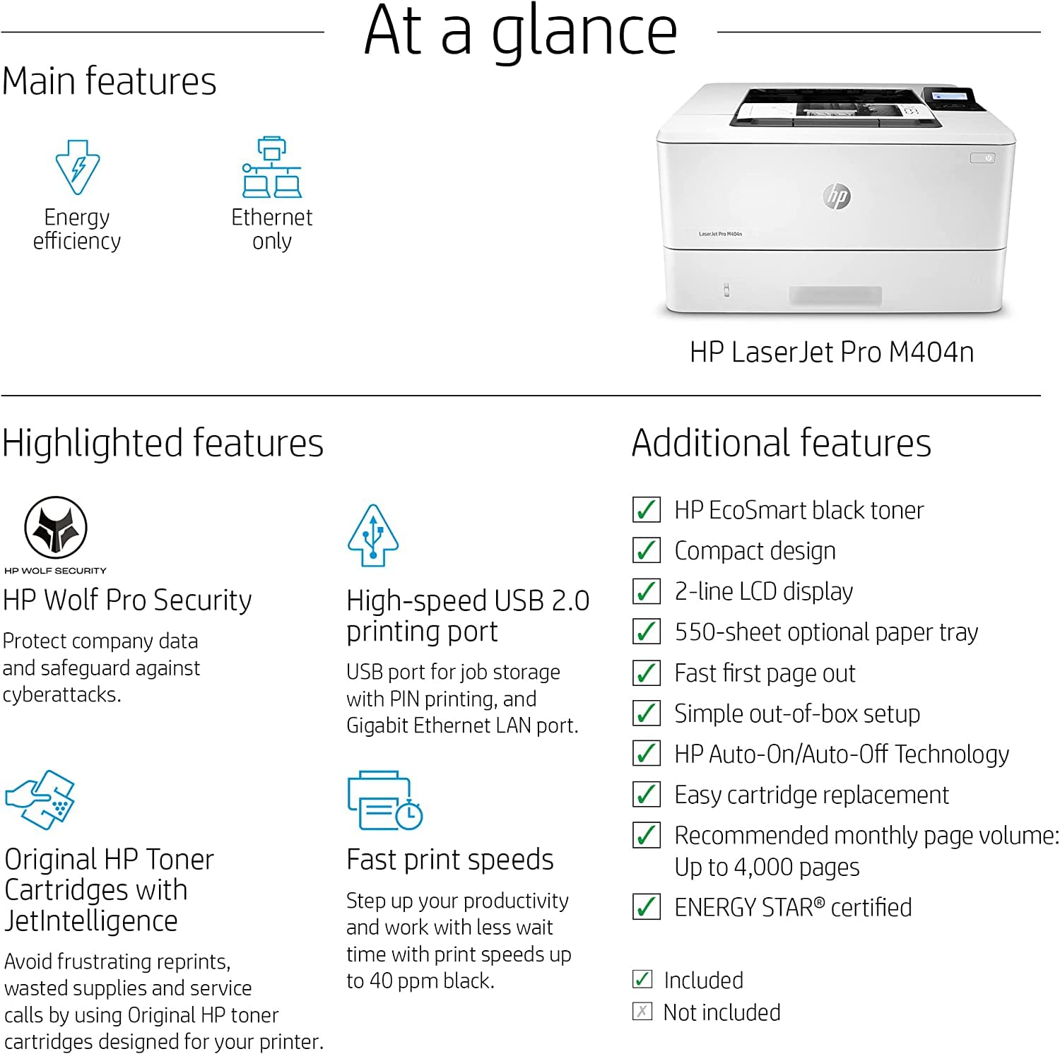 HP Laserjet Pro M404n Single-Function Wired Monochrome Laser Printer, White - Print only - 40 ppm, 4800 x 600 dpi, 256MB Memory, 8.5 x 14, Ethernet, Cbmou Printer_Cable