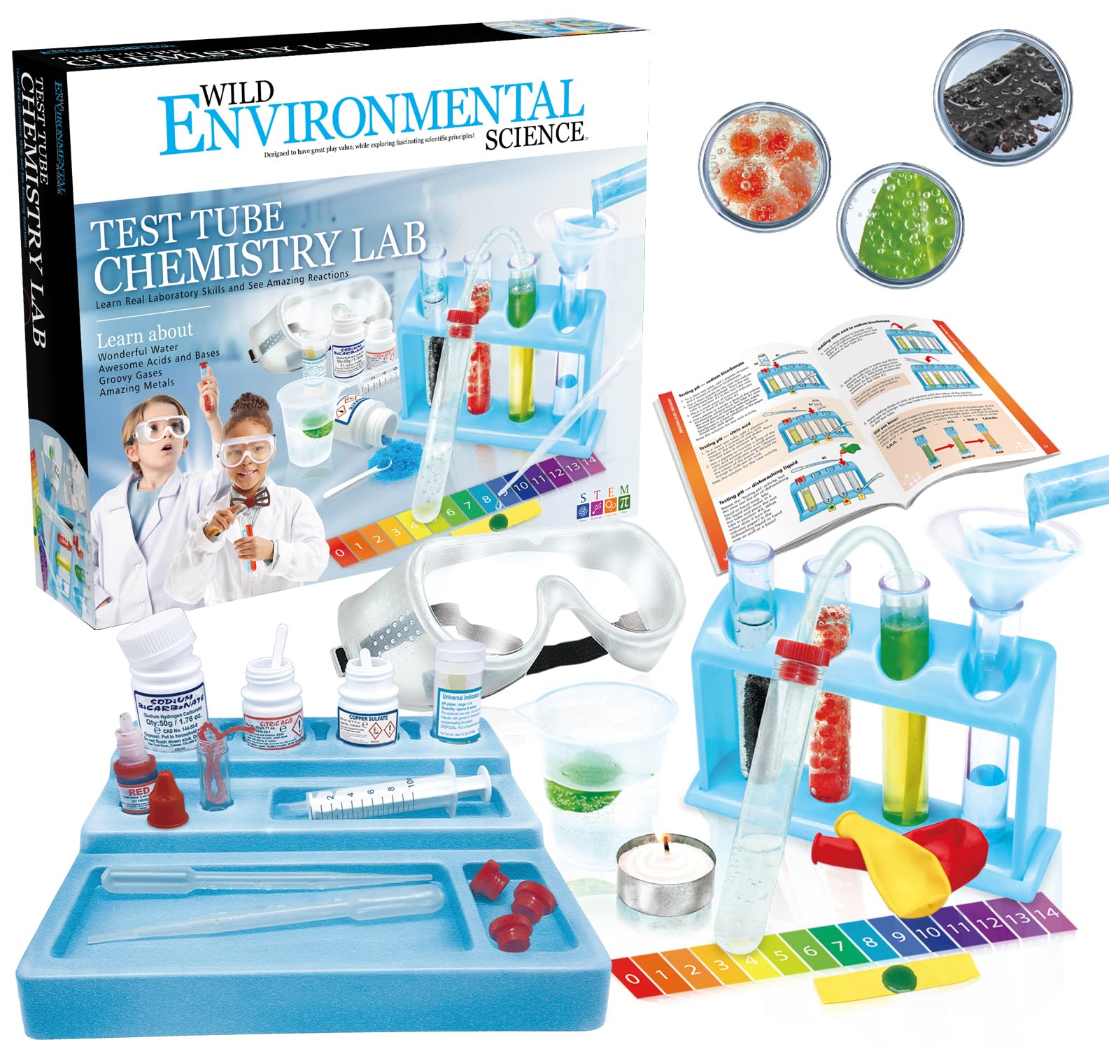 WILD ENVIRONMENTAL SCIENCE Test Tube Chemistry Lab - 50+ Science Experiments and Reactions - Ages 8+ - Learn About Solids, Liquids, Gases and More!