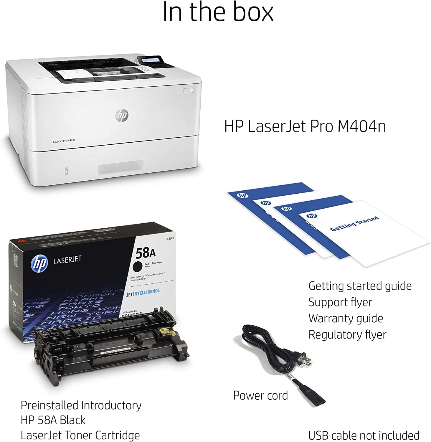 HP Laserjet Pro M404n Single-Function Wired Monochrome Laser Printer, White - Print only - 40 ppm, 4800 x 600 dpi, 256MB Memory, 8.5 x 14, Ethernet, Cbmou Printer_Cable