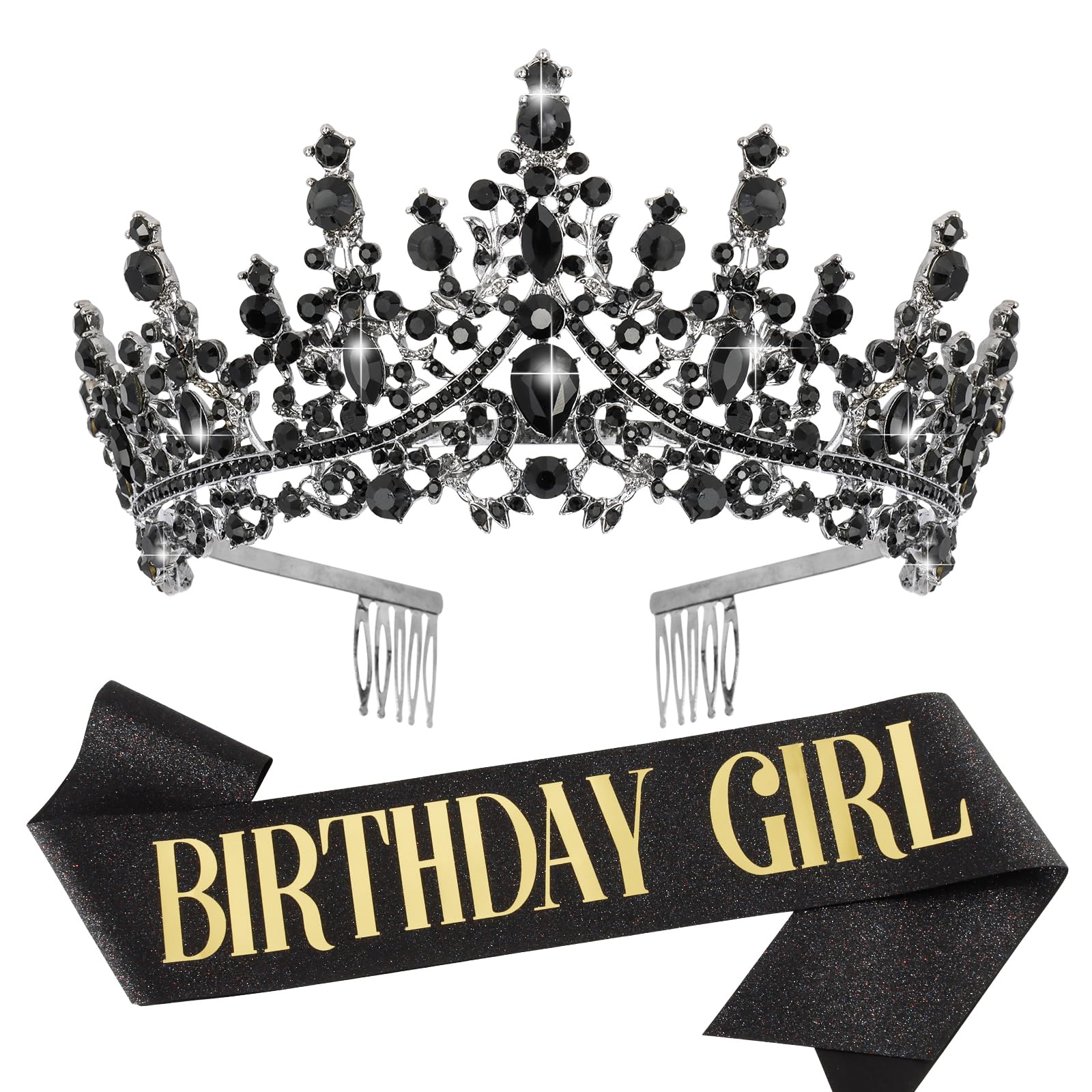 Velscrun Black Crystal Birthday Tiara Crowns for Women Girls Princess Crown with Combs Birthday Girl Headband Sash Happy Birthday Party Decorations Birthday Gift Cake Topper Hair Accessories