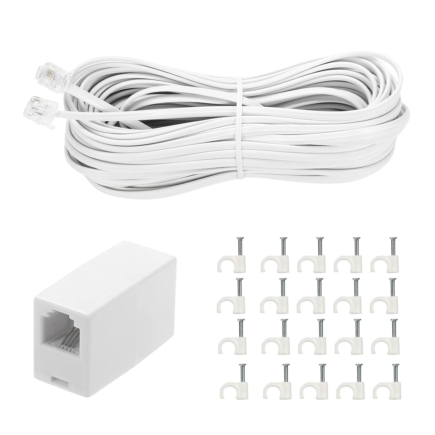 Vthahaby 50 Feet Long Telephone Extension Cord Phone Cable Line Wire, with Standard RJ11 Plug and 1 in-Line Couplers and 15 Cable Clip Holders-White (White 15M)