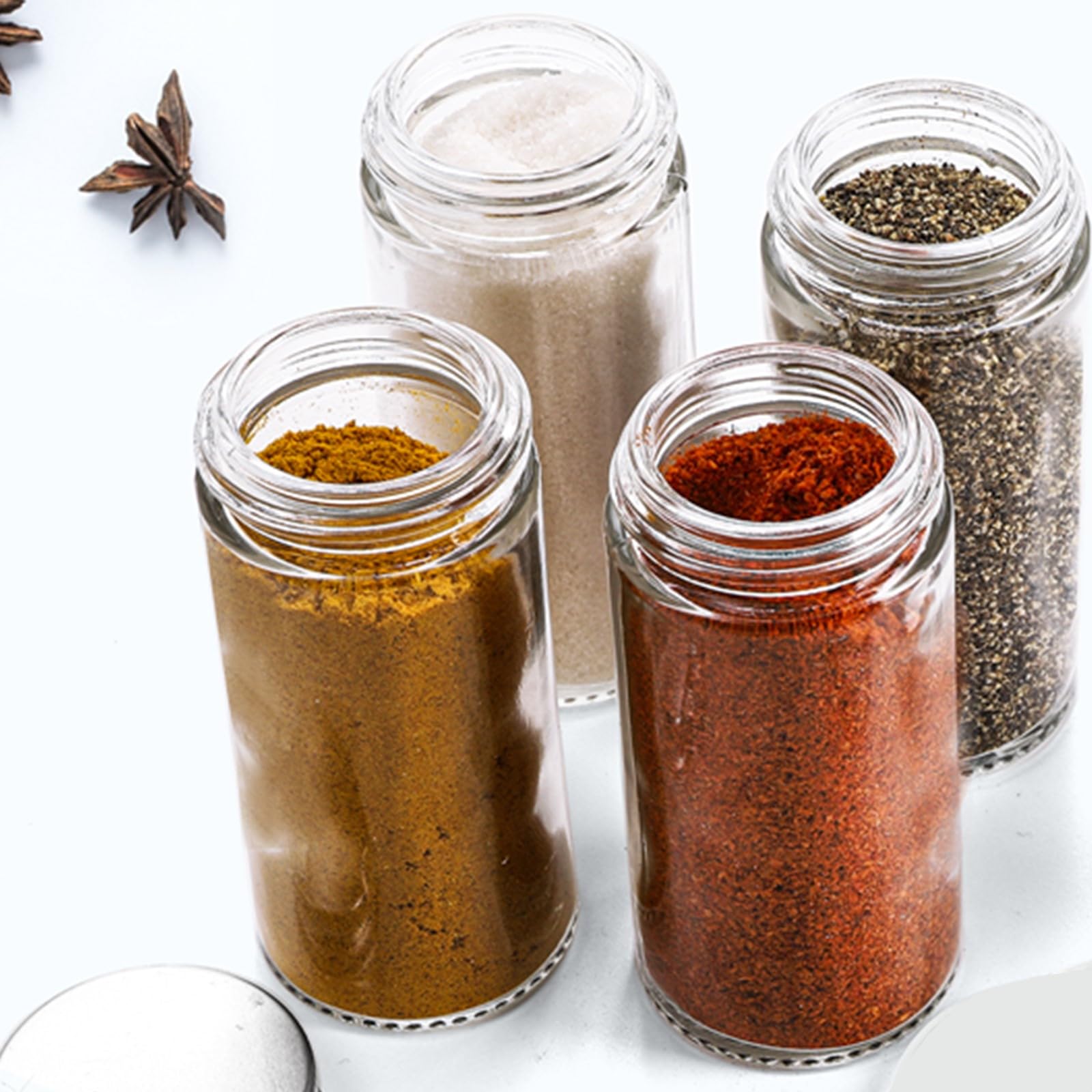 Tebery 12 Pack Round Spice Bottles 3oz Glass Spice Jars with Silver Metal Lids, Shaker Tops, Wide Funnel and Labels