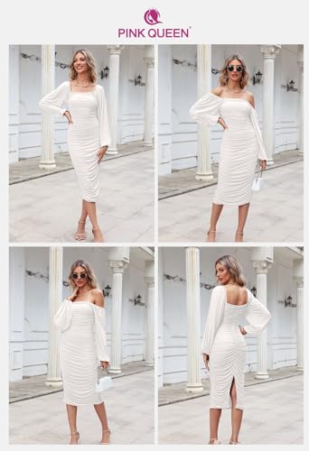 Pink Queen Women's 2024 Sexy Ruched Bodycon Dress Square Neck Puff Long Sleeve Mesh Cocktail Midi Dresses White XL