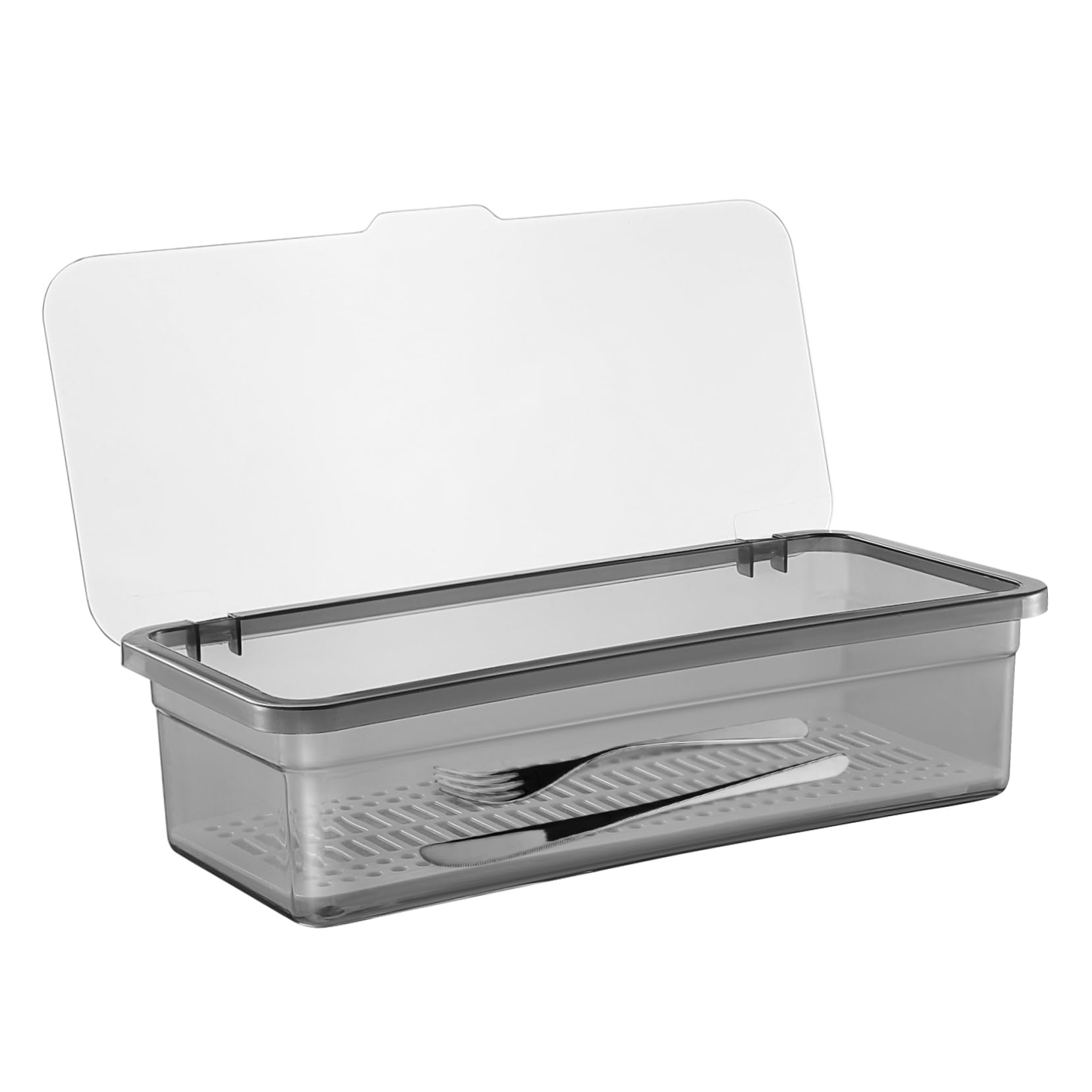TOPBATHY Flatware Plastic Tray with Lid Kitchen Cutlery and Utensil Drawer Organizer Silverware Countertop Storage Container (Black)