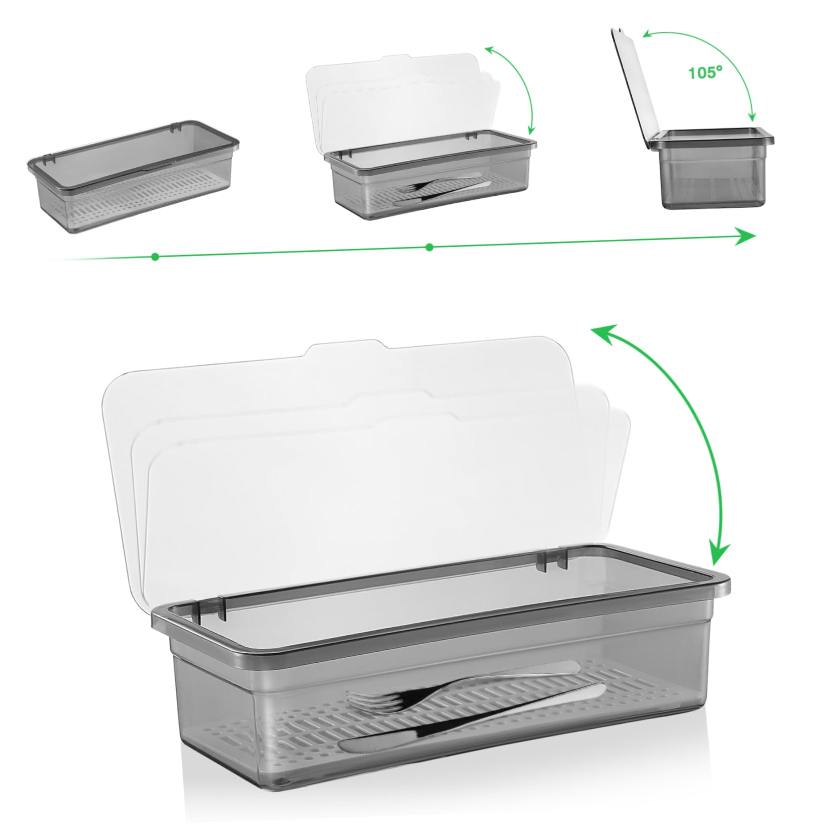 TOPBATHY Flatware Plastic Tray with Lid Kitchen Cutlery and Utensil Drawer Organizer Silverware Countertop Storage Container (Black)