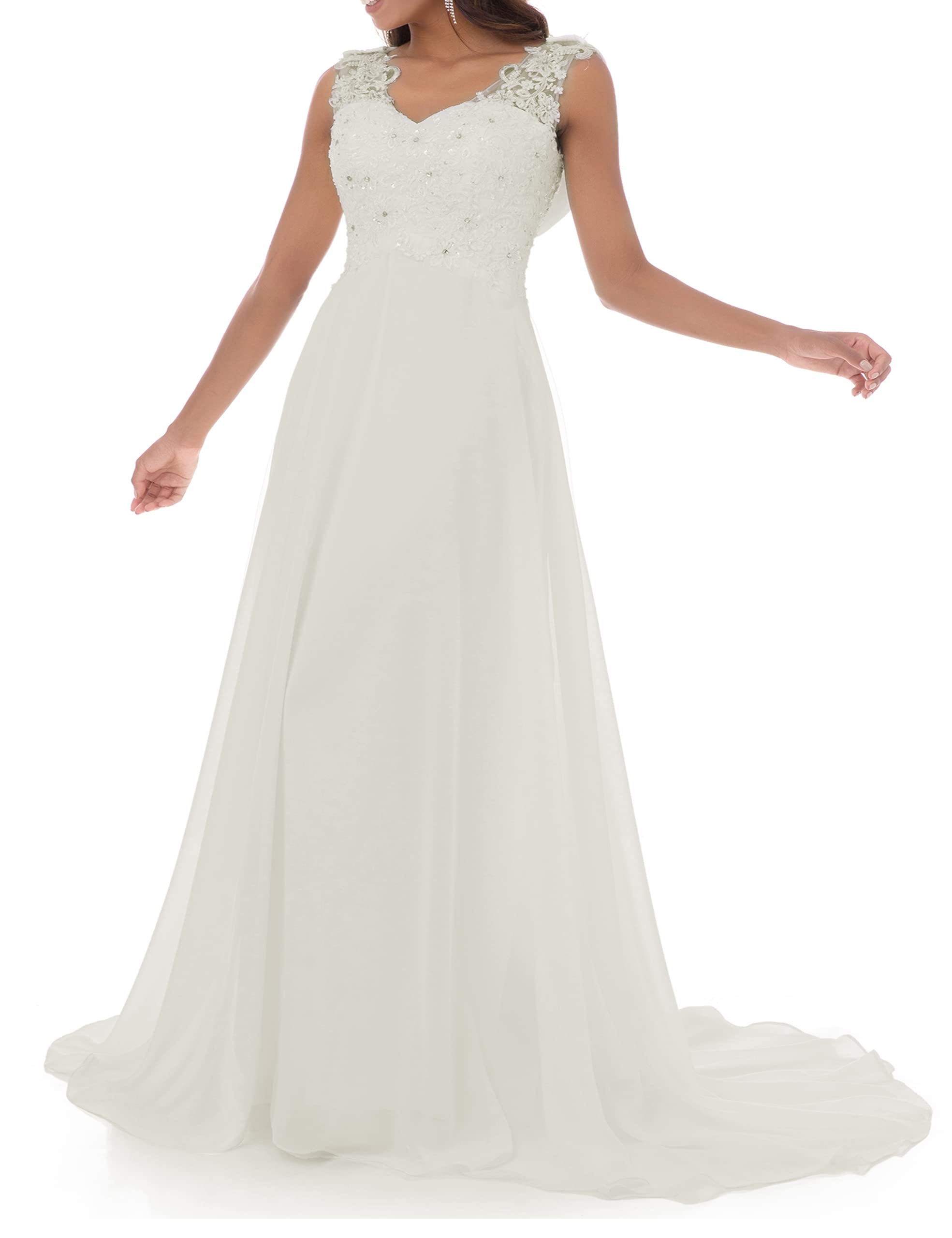 Abaowedding Women's Wedding Dress Lace Double V-Neck Sleeveless Evening Dress Ivory US 16