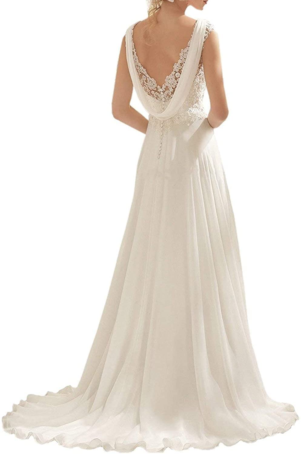 Abaowedding Women's Wedding Dress Lace Double V-Neck Sleeveless Evening Dress Ivory US 16