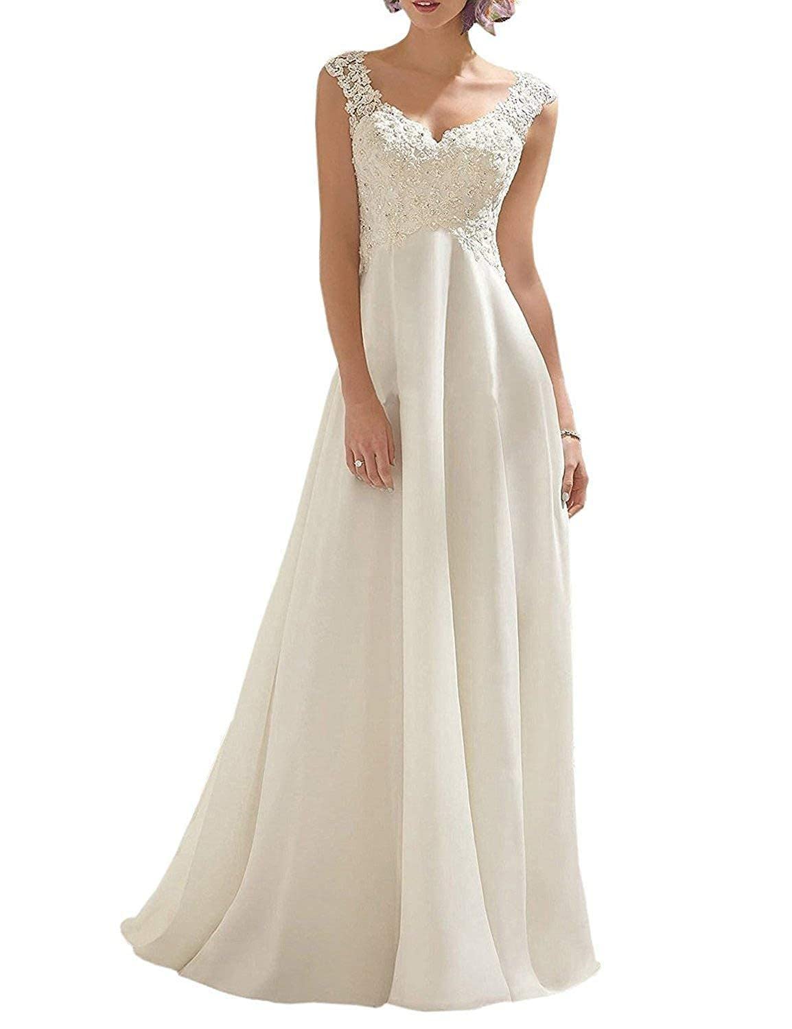 Abaowedding Women's Wedding Dress Lace Double V-Neck Sleeveless Evening Dress Ivory US 16
