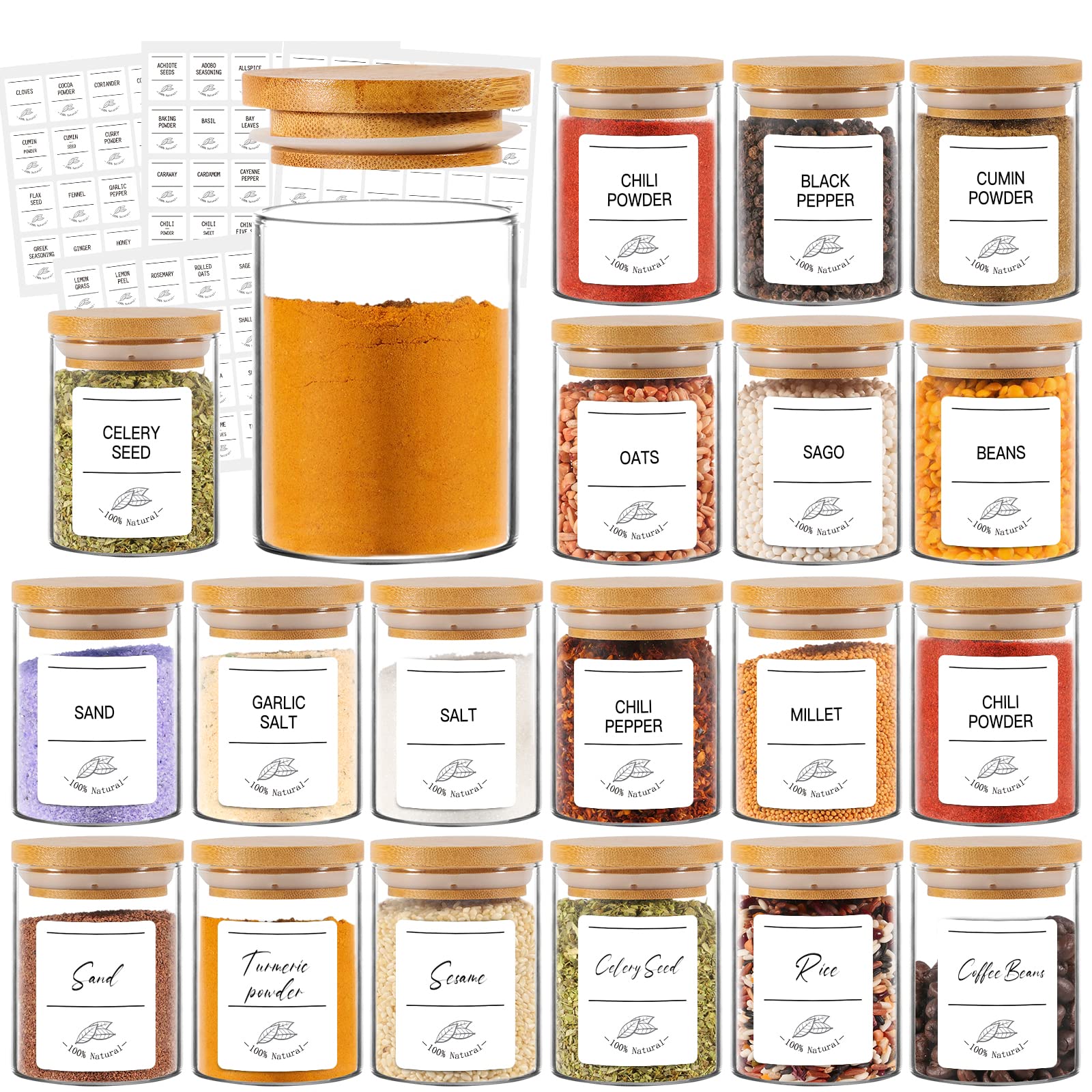 20 Pack 3 oz Glass Jars with Bamboo Lids, Empty Spice Jars with Wood Airtight Lids, Food Storage Canisters Containers for Home Kitchen, Sugar, Candies,Coffee Beans, Herbs, Grains. Include 120 Labels.