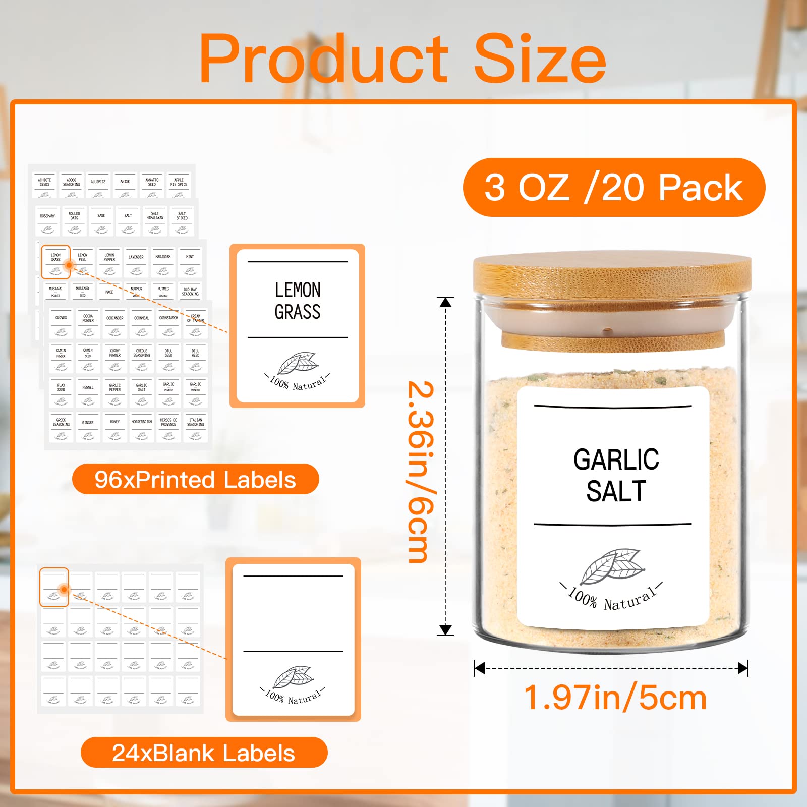 20 Pack 3 oz Glass Jars with Bamboo Lids, Empty Spice Jars with Wood Airtight Lids, Food Storage Canisters Containers for Home Kitchen, Sugar, Candies,Coffee Beans, Herbs, Grains. Include 120 Labels.