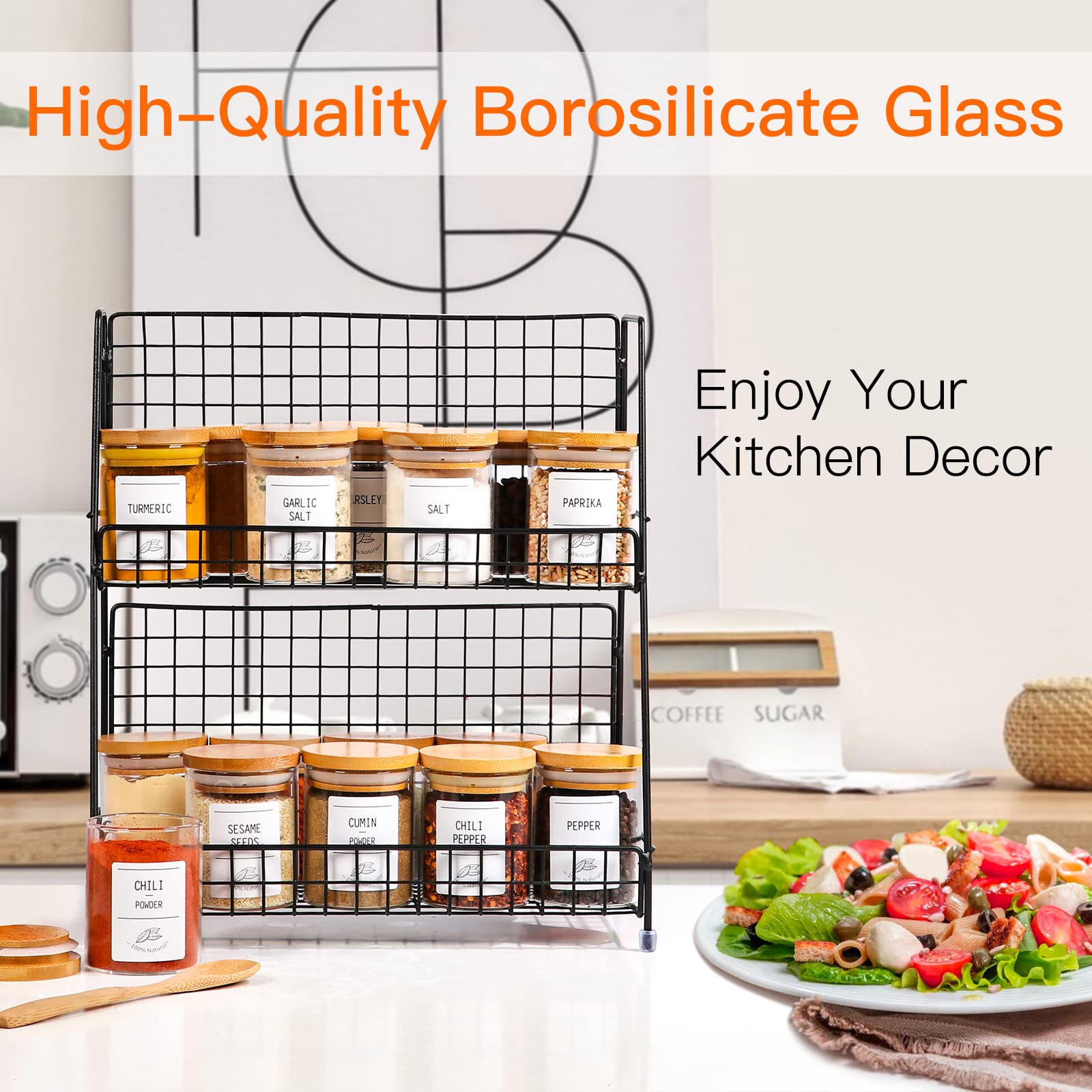 20 Pack 3 oz Glass Jars with Bamboo Lids, Empty Spice Jars with Wood Airtight Lids, Food Storage Canisters Containers for Home Kitchen, Sugar, Candies,Coffee Beans, Herbs, Grains. Include 120 Labels.