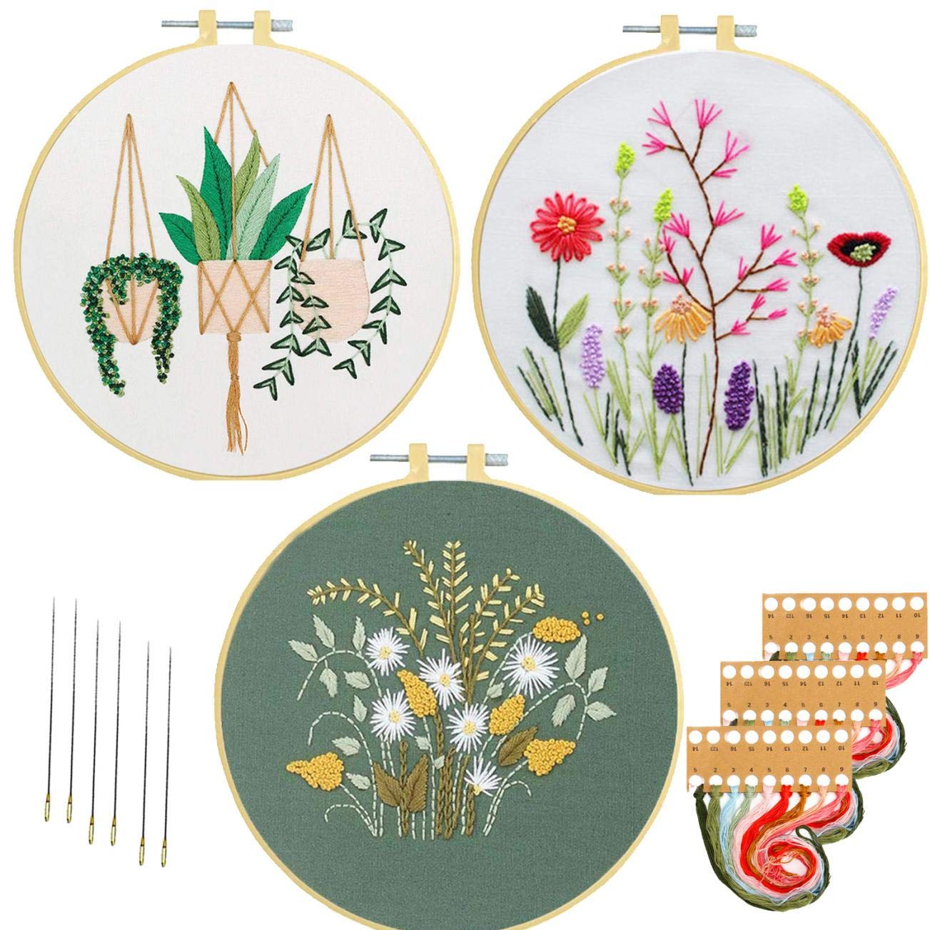 Nuberlic 3 Pack Embroidery Kits for Beginners Starters Cross Stitch Kits with Pattern for Adults Kids Craft Stamped Embroidery Cloth 3 Hoops Threads Needles
