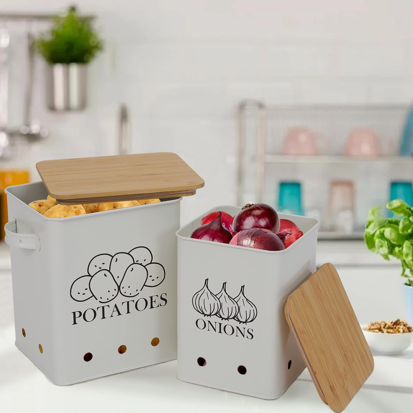 Kitchen Vegetable Storage Tins Set of 2 for Potatoes, Onion, with wooden lid Garlic Bin Caddy, Long Shelf Life-white