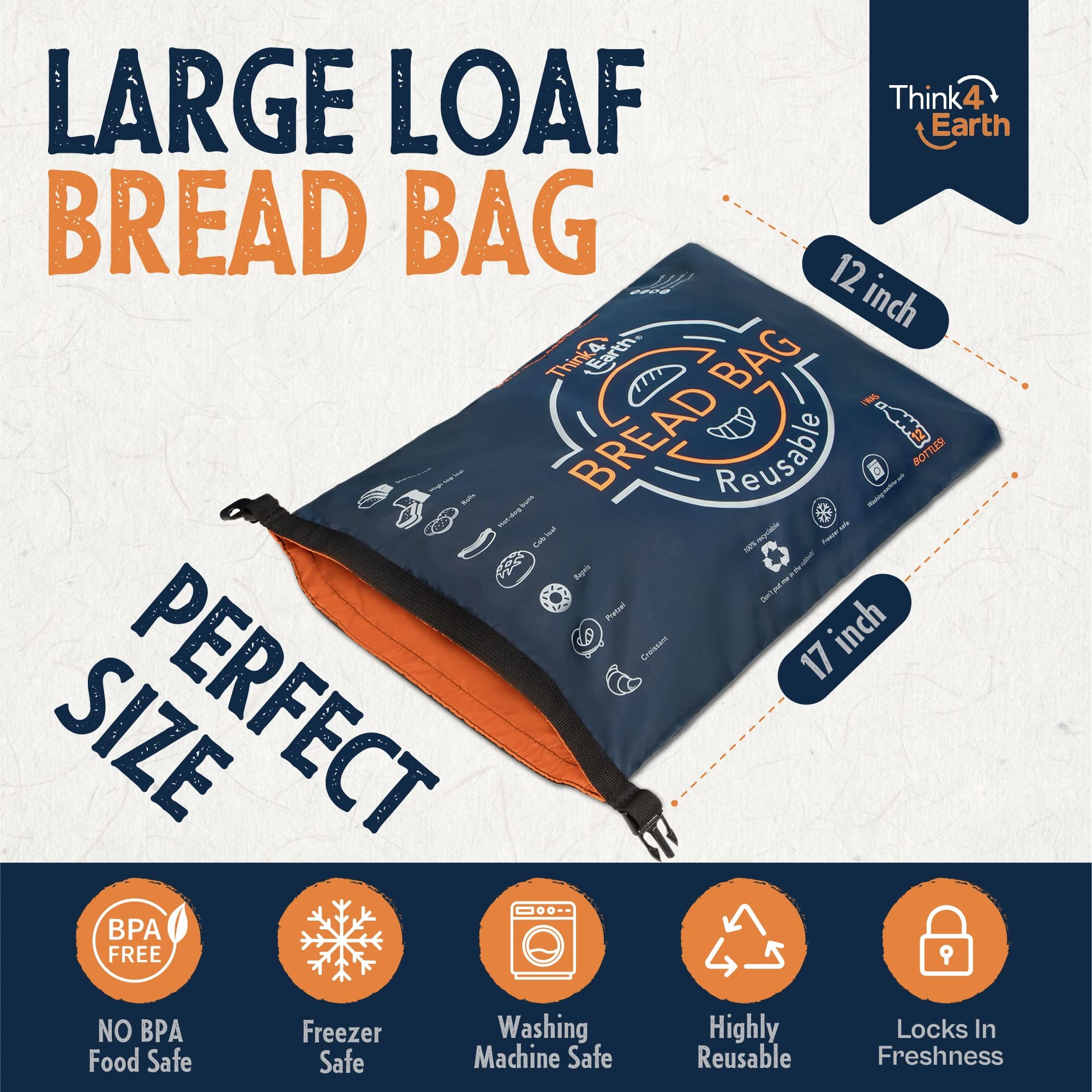 Think4Earth - (2 Pack) Bread Bag - Reusable freezer bread bag for homemade bread maker gift giving - Bread Container for Sourdough Loafs Storage, Large Bread Bags for Homemade Bread with Lining
