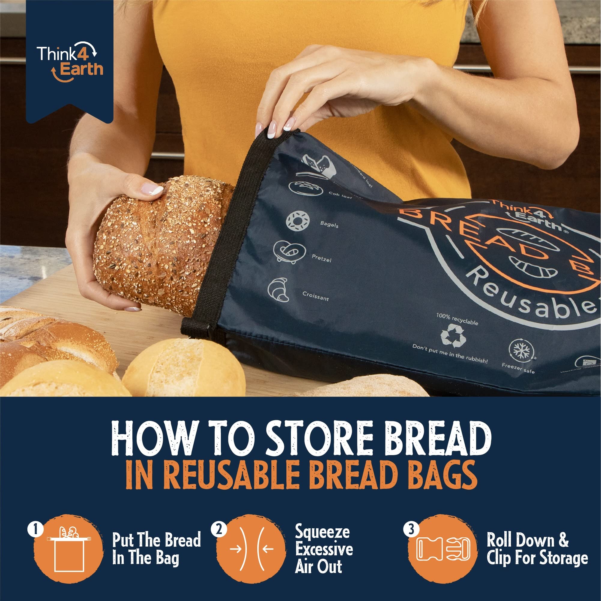 Think4Earth - (2 Pack) Bread Bag - Reusable freezer bread bag for homemade bread maker gift giving - Bread Container for Sourdough Loafs Storage, Large Bread Bags for Homemade Bread with Lining