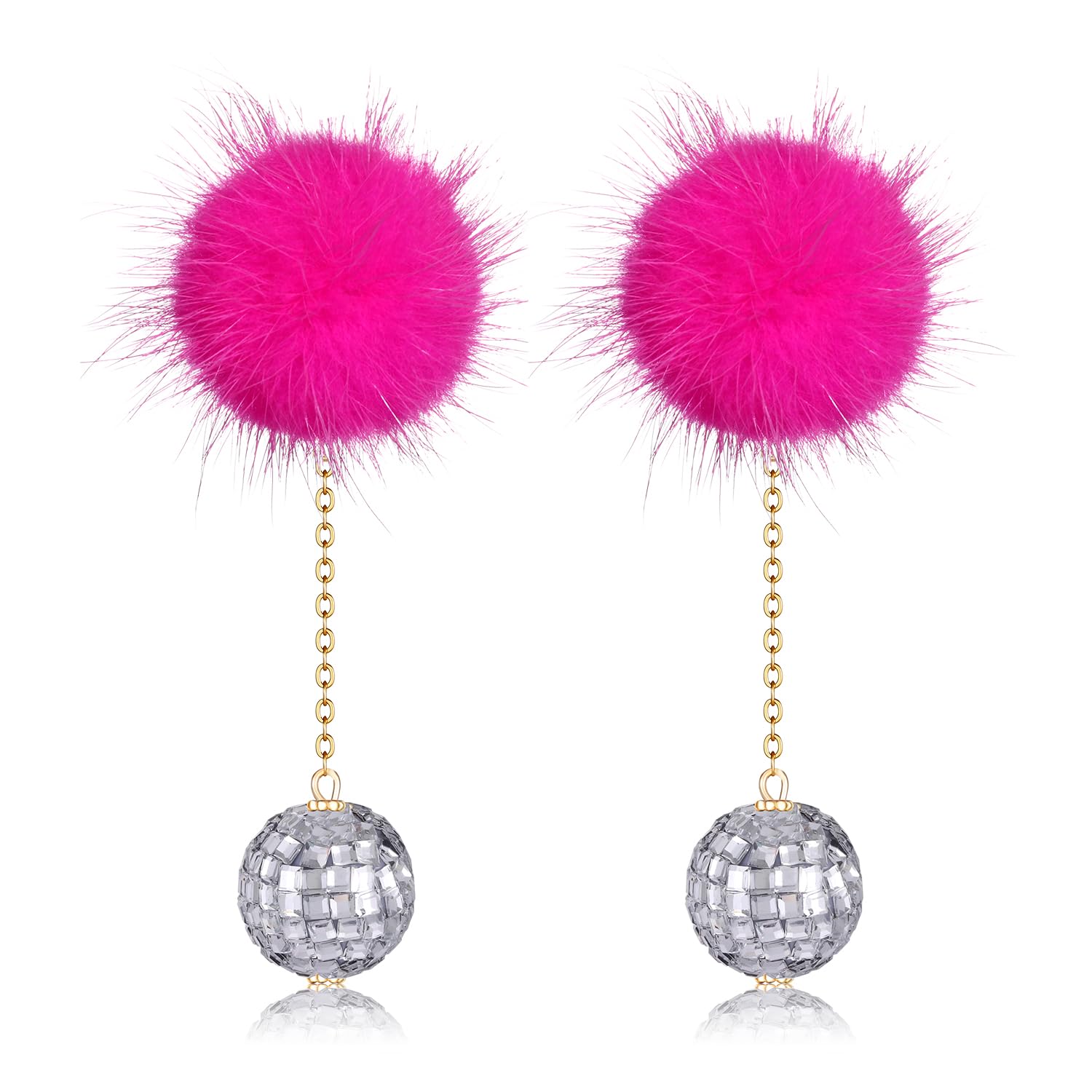 Hot Pink Earrings Disco Ball Earring for Women Pom Pom Dangle Earrings Reflective Mirrorball Earrings 70s 80s Disco Dance Party Costume Accessories Cowgirl Country Concert Outfits Halloween New Year