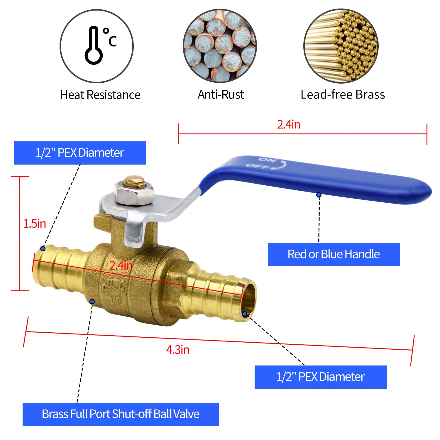 4pcs PEX Ball Valves, 1/2" PEX Brass Full Port Shut Off Ball Valve, PEX Brass Full Port Shut-off Ball Valve, Quarter Turn HOT (RED) COLD (BLUE) of Water Stop Shut off (1/2", 4pcs)