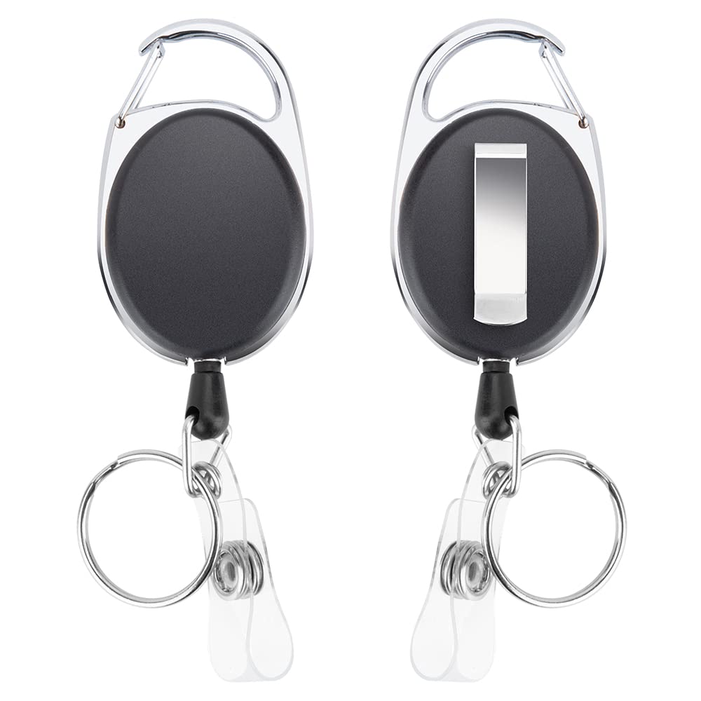 2 Pack Badge Holders and Heavy Duty Retractable Reel Clips Set, Vertical Leather ID Badge Holders with 1 Clear ID Window & 2 Credit Card Slots (Black-2pcs)')