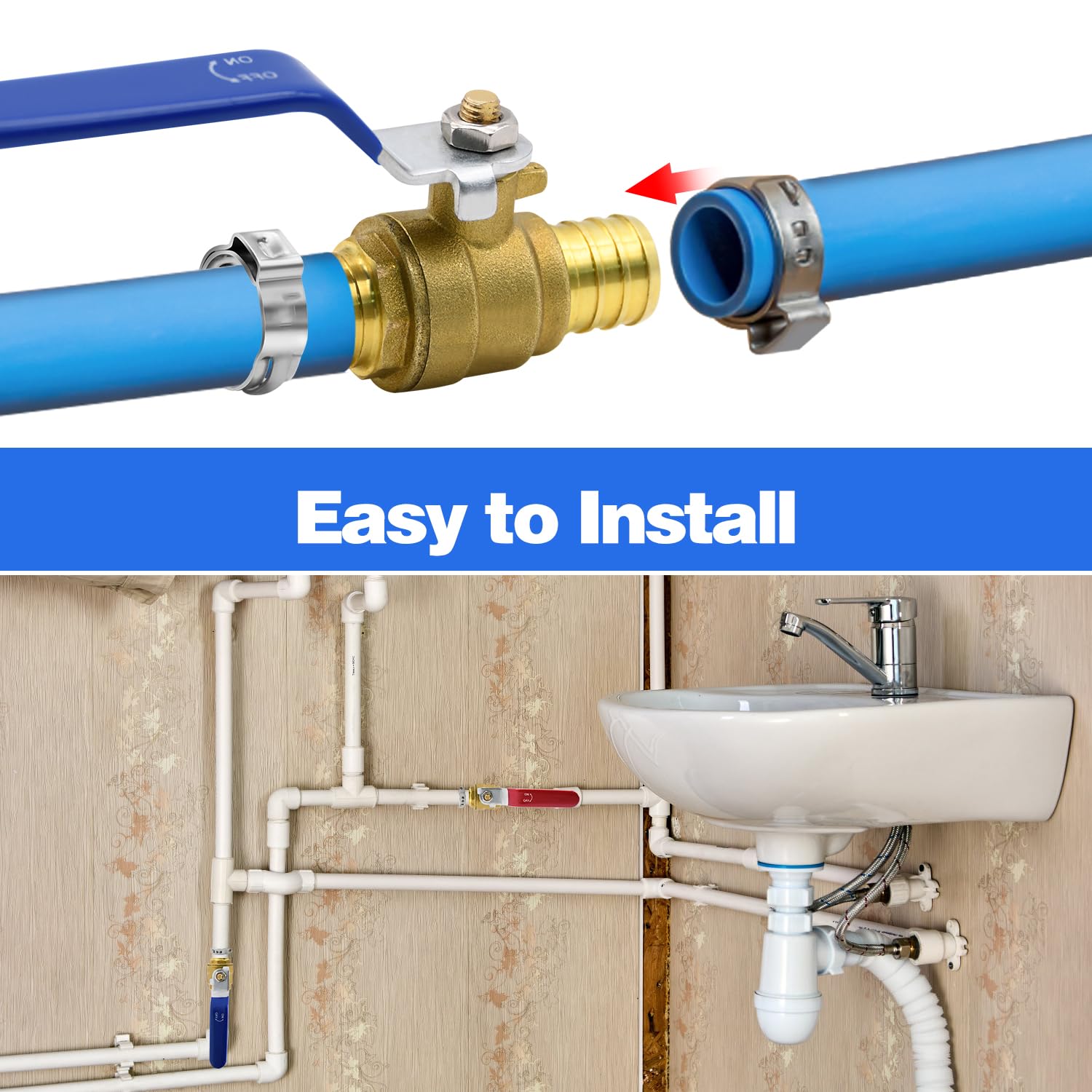 4pcs PEX Ball Valves, 1/2" PEX Brass Full Port Shut Off Ball Valve, PEX Brass Full Port Shut-off Ball Valve, Quarter Turn HOT (RED) COLD (BLUE) of Water Stop Shut off (1/2", 4pcs)