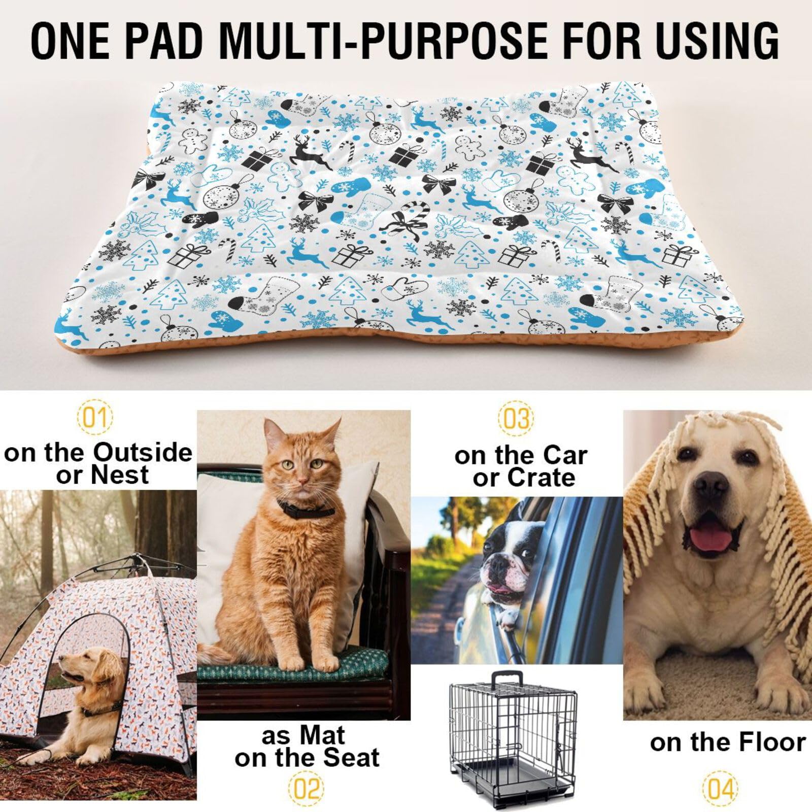 Coikll Cute Animals Christmas Pet Bed Pad Soft Dog Bed Mat with Anti-Slip Bottom, Machine Washable Crate Pad Mattress for Dog Sleeping- 24 * 18inches