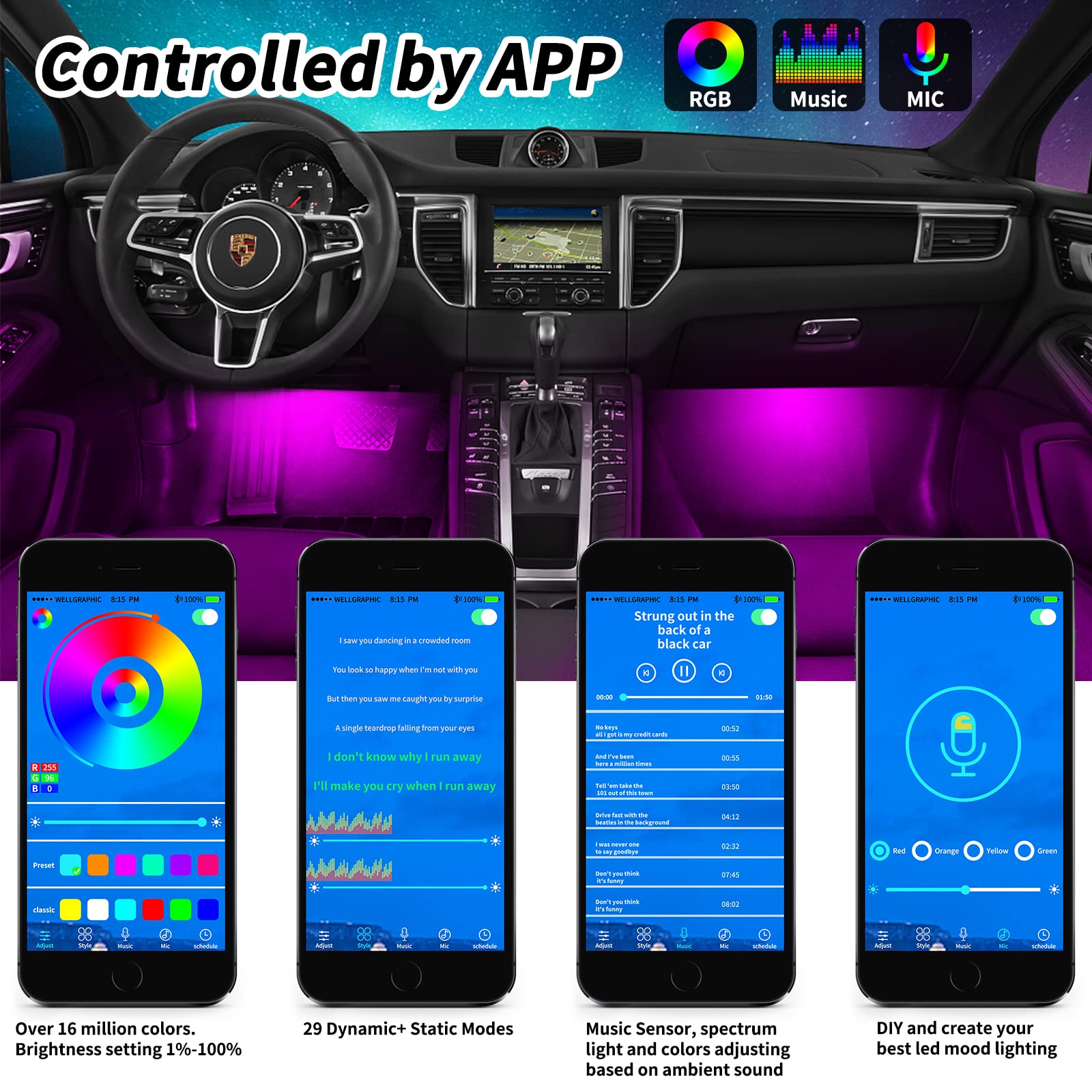 Led Lights for Car, Dash Lights for Car Interior Neon Lights Strip with App Control, RGB Under Dash Led Lights with DIY Million Colors Music Mode