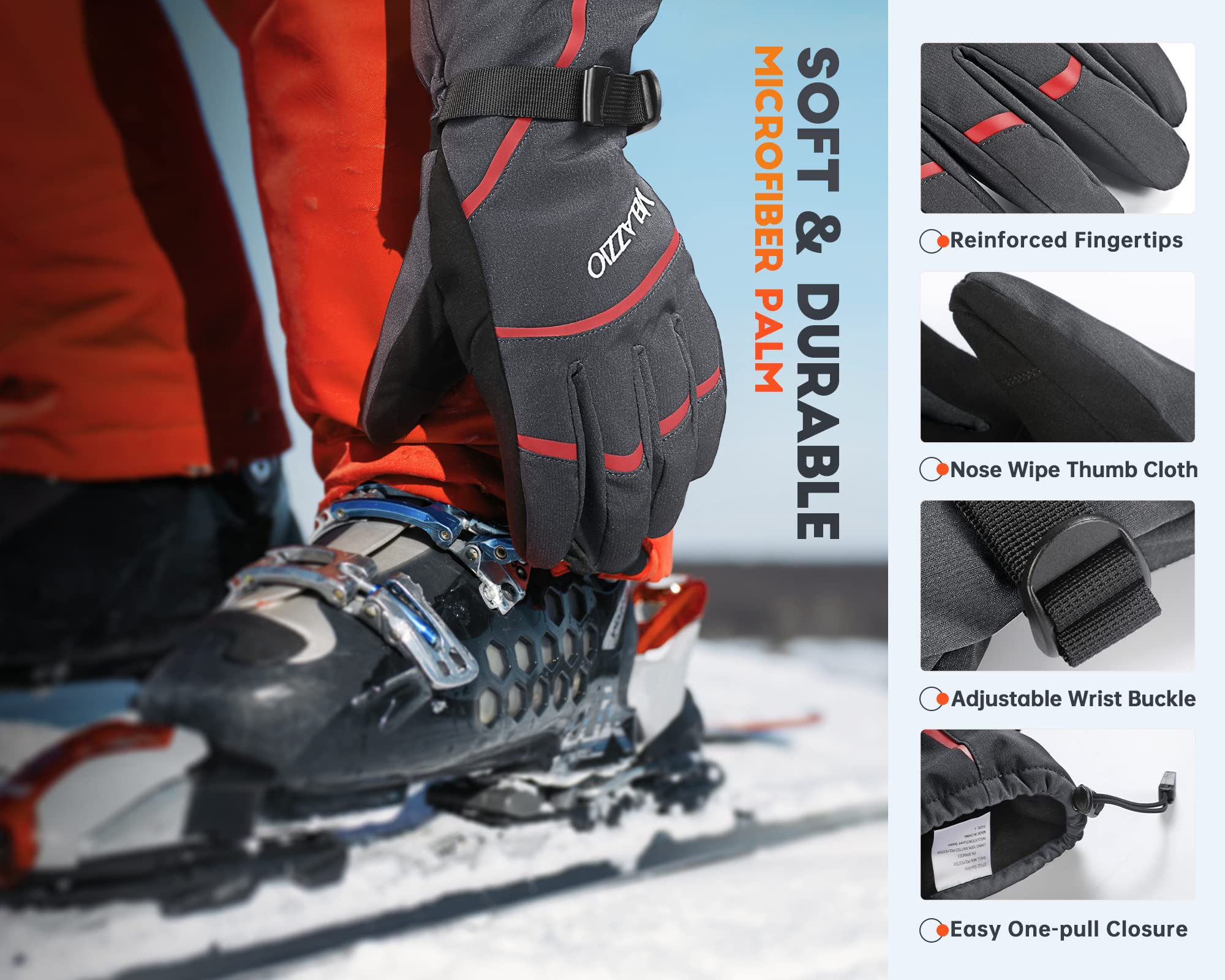 VELAZZIO Eco Gray Ski Gloves - Red, M