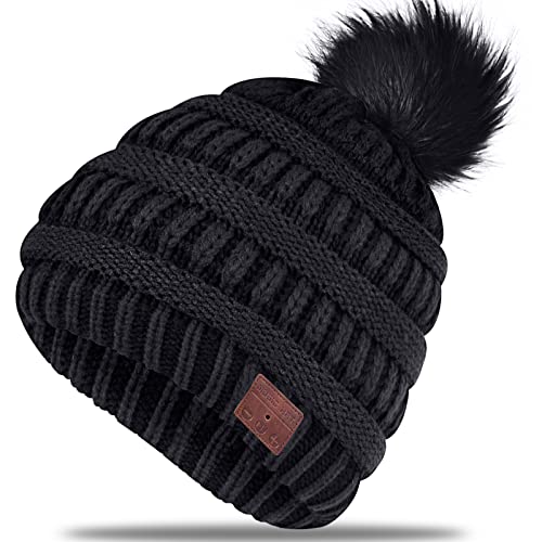 FashionLive Wireless Beanie Music Hat for Women Girls Upgrade Pompom Musical Headphone Stereo Speaker Hat with Mic Speakerphone Knit Pom Beanie Hat Warm Black